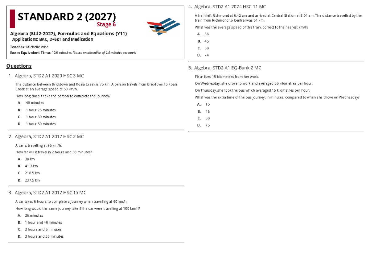 STANDARD 2 (2027) Stage 6 Algebra Applications Questions (Y11) - Studocu