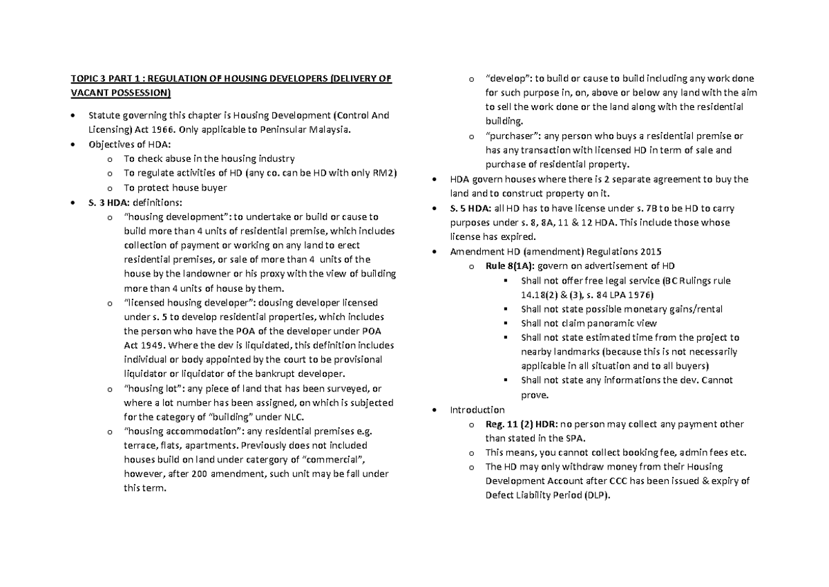Final Notes on Topic 3 Part 1: Delivery of Vacant Possession (HDA ...