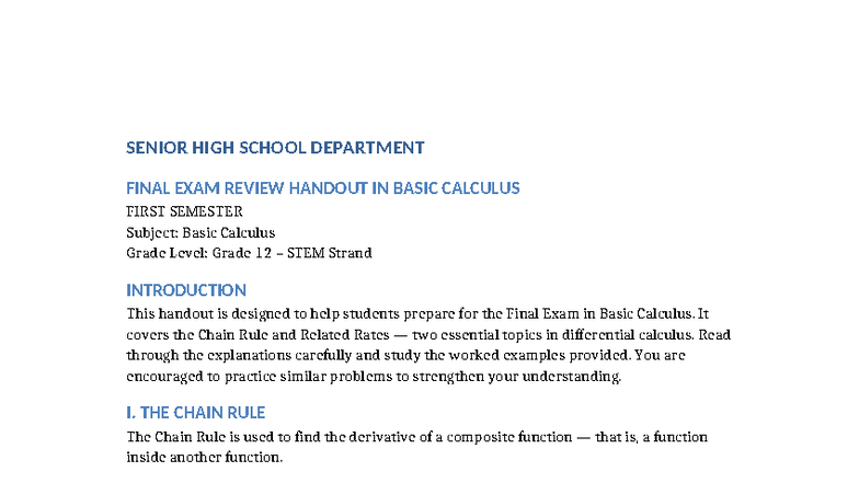 SENIOR HIGH SCHOOL G12 STEM BASIC CALCULUS FINAL EXAM REVIEW - Studocu