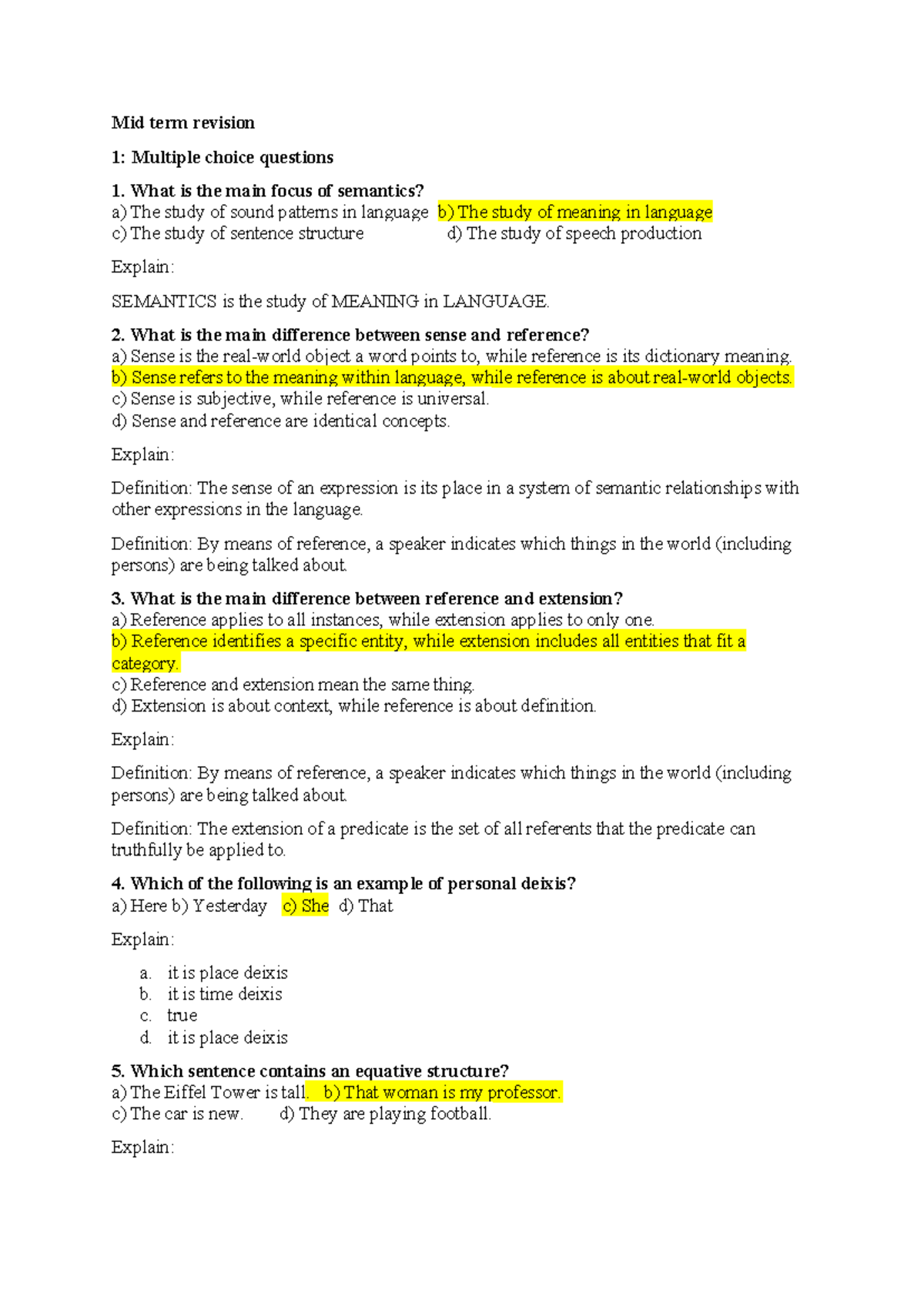 Midterm Revision: Semantics MCQs and Explanations - Studocu