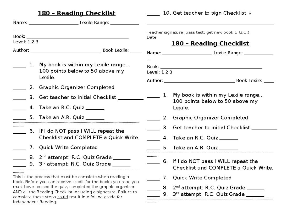 Read 180 Independent Reading Checklist (Level 1) - Studocu