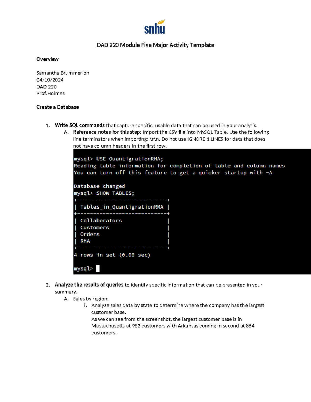 DAD 220 Module 5 Database Analysis Major Activity Report - Studocu