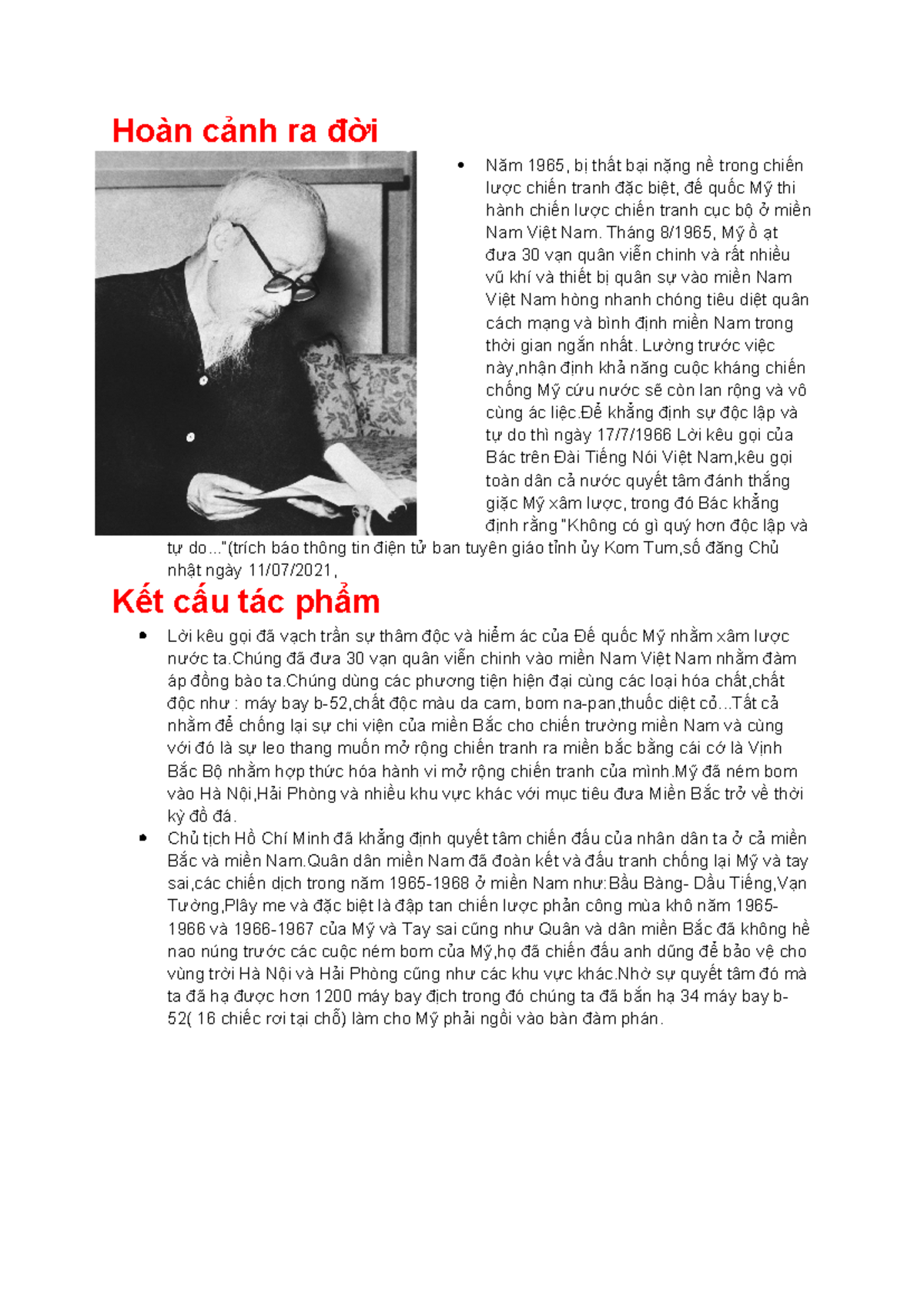 "Lời Kêu Gọi Đồng Bào và Chiến Sĩ Cả Nước: Tác Phẩm Lịch Sử 1966" - Studocu