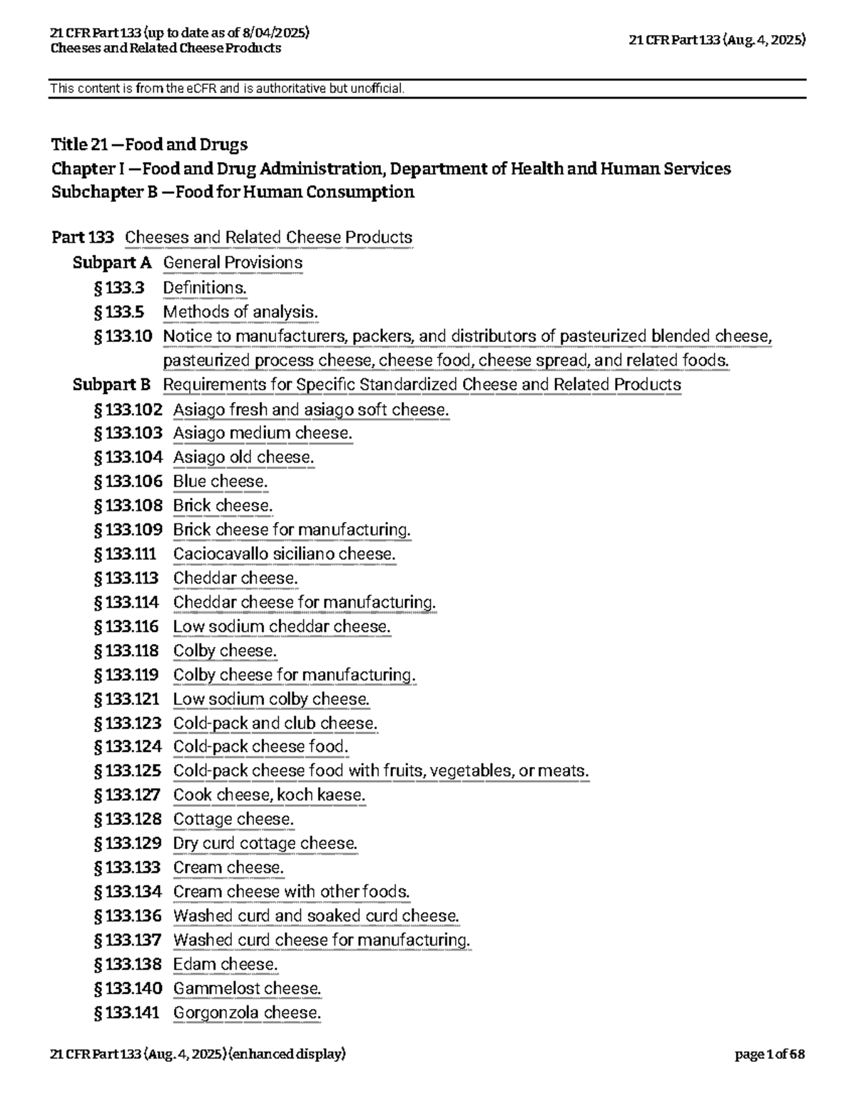 21 CFR Part 133: Standards for Cheeses & Related Products (Aug. 2025 ...