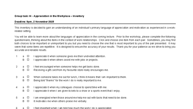 Group Task 4: Appreciation in the Workplace Inventory - Studocu