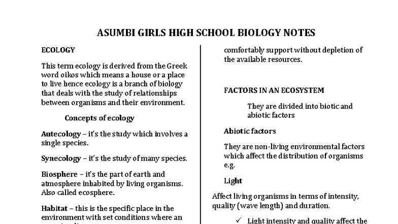 ASUMBI GIRLS HIGH SCHOOL BIOLOGY NOTES: ECOLOGY BY KOMER - Studocu