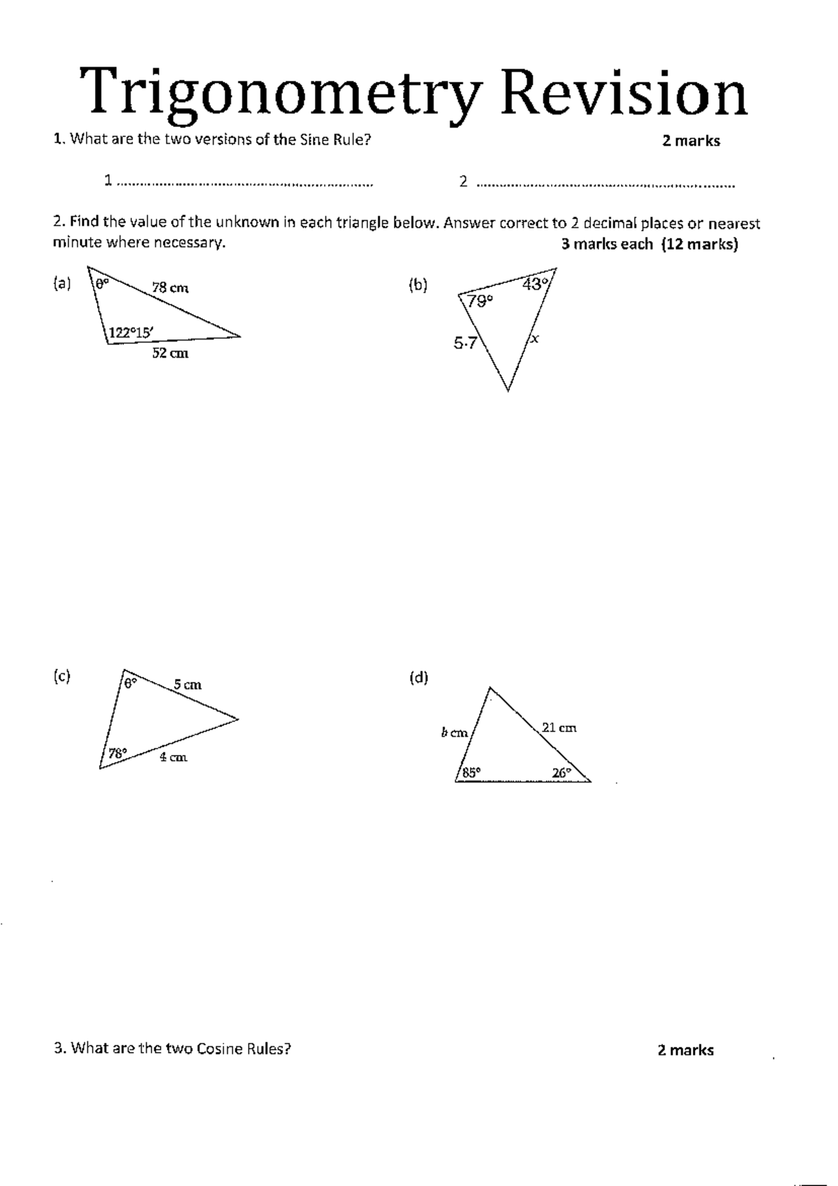 Revision Worksheet- Trigonometry - Trigonometry Revision 1. What are ...