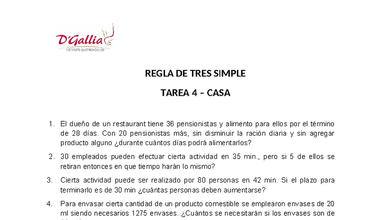 Tarea 4: Regla de Tres Simple - Ejercicios y Soluciones (0424) - Studocu