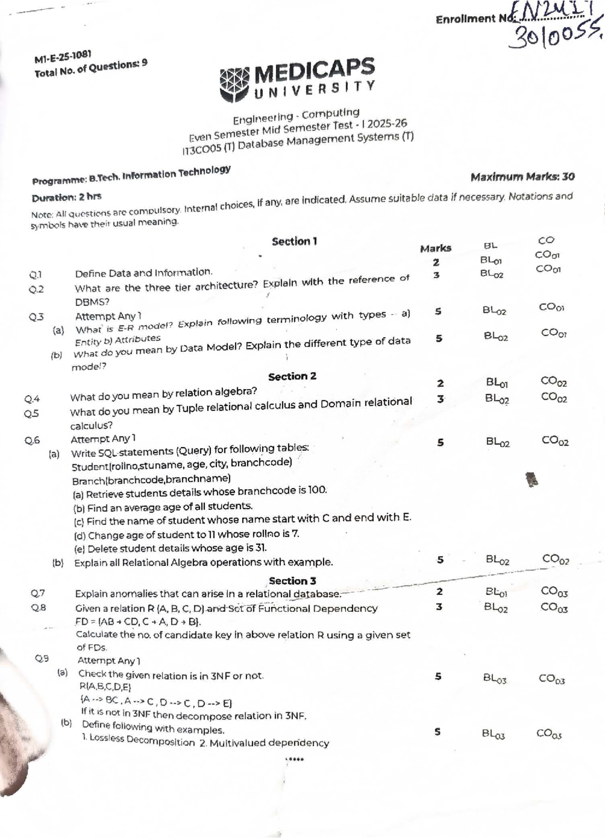Mid Semester Test IT3CO29 (T) Database Management Systems - B.Tech IT ...
