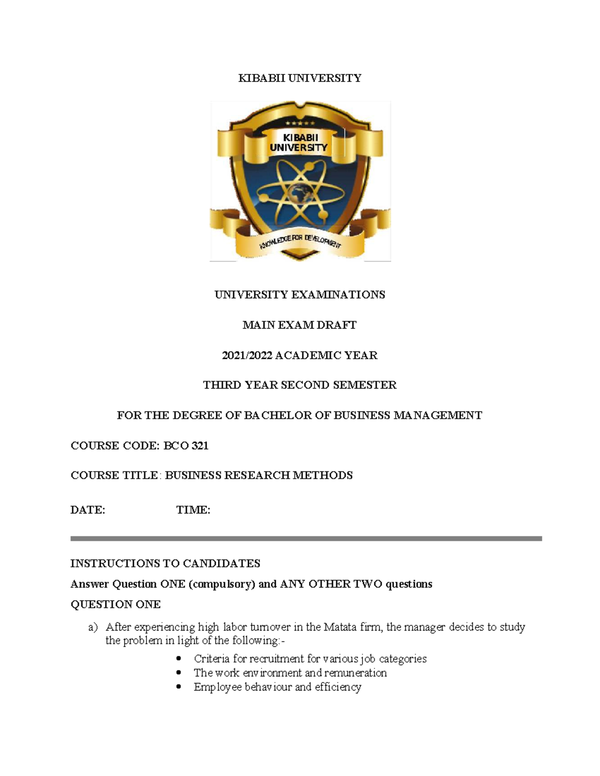 BCO 321 - Business Research Methods Main Exam Draft 2023 - Studocu