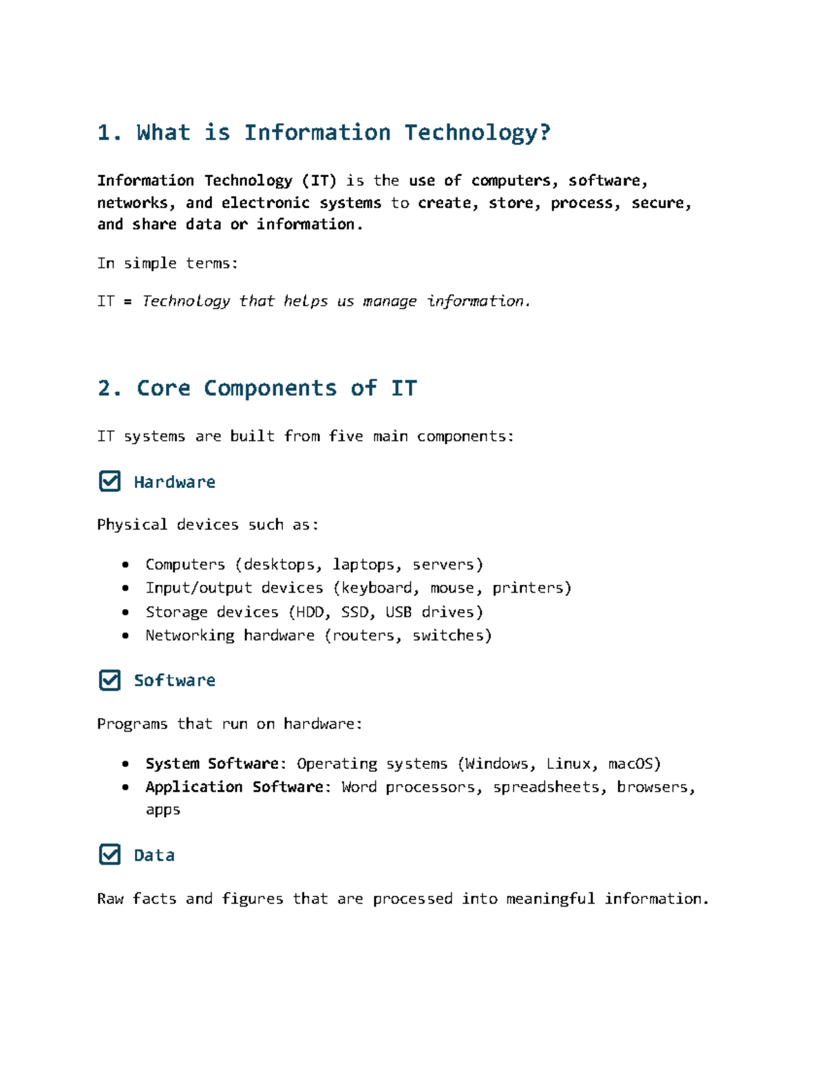 INFORMATION TECHNOLOGY (IT) OVERVIEW AND CORE COMPONENTS - Studocu