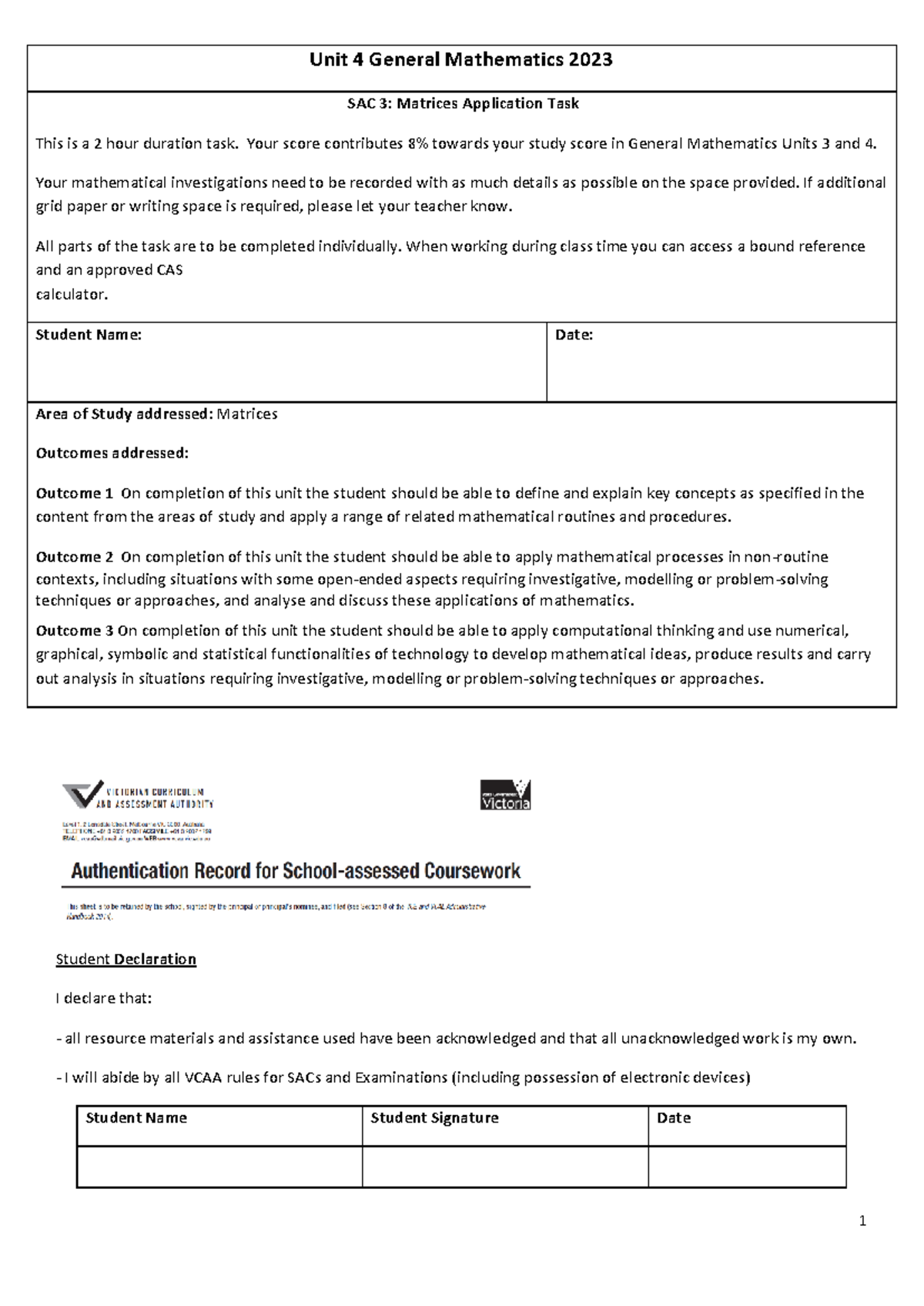2023 Unit 4 General Mathematics SAC 3 - Matrices Application Task - Studocu