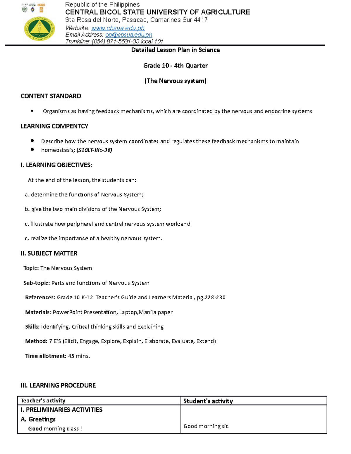 Demokoni - Science Lesson Plan for Grade 10 (Nervous System) - Studocu