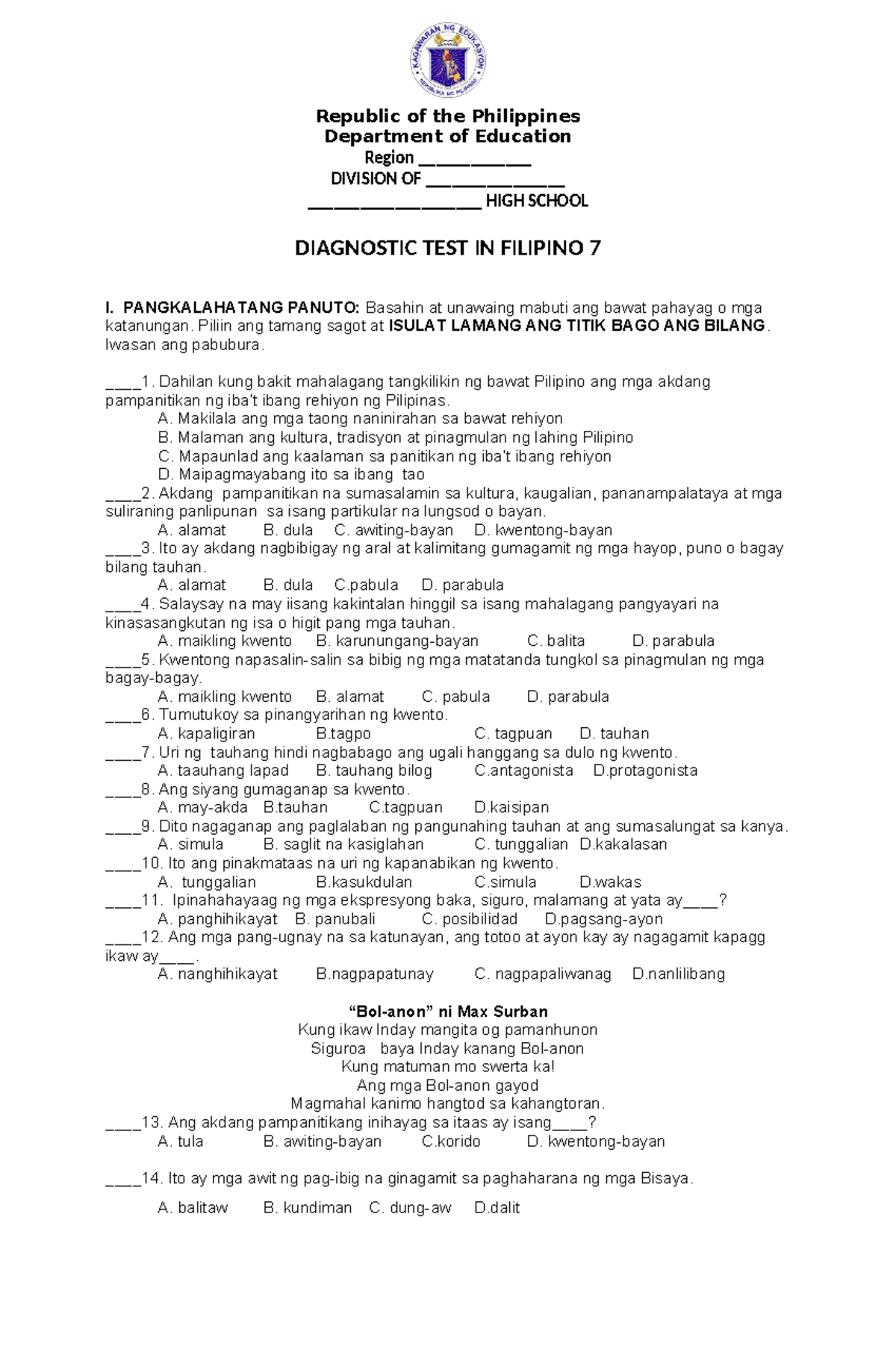 Diagnostic Test in Filipino 7: Comprehensive Review and Answers - Studocu