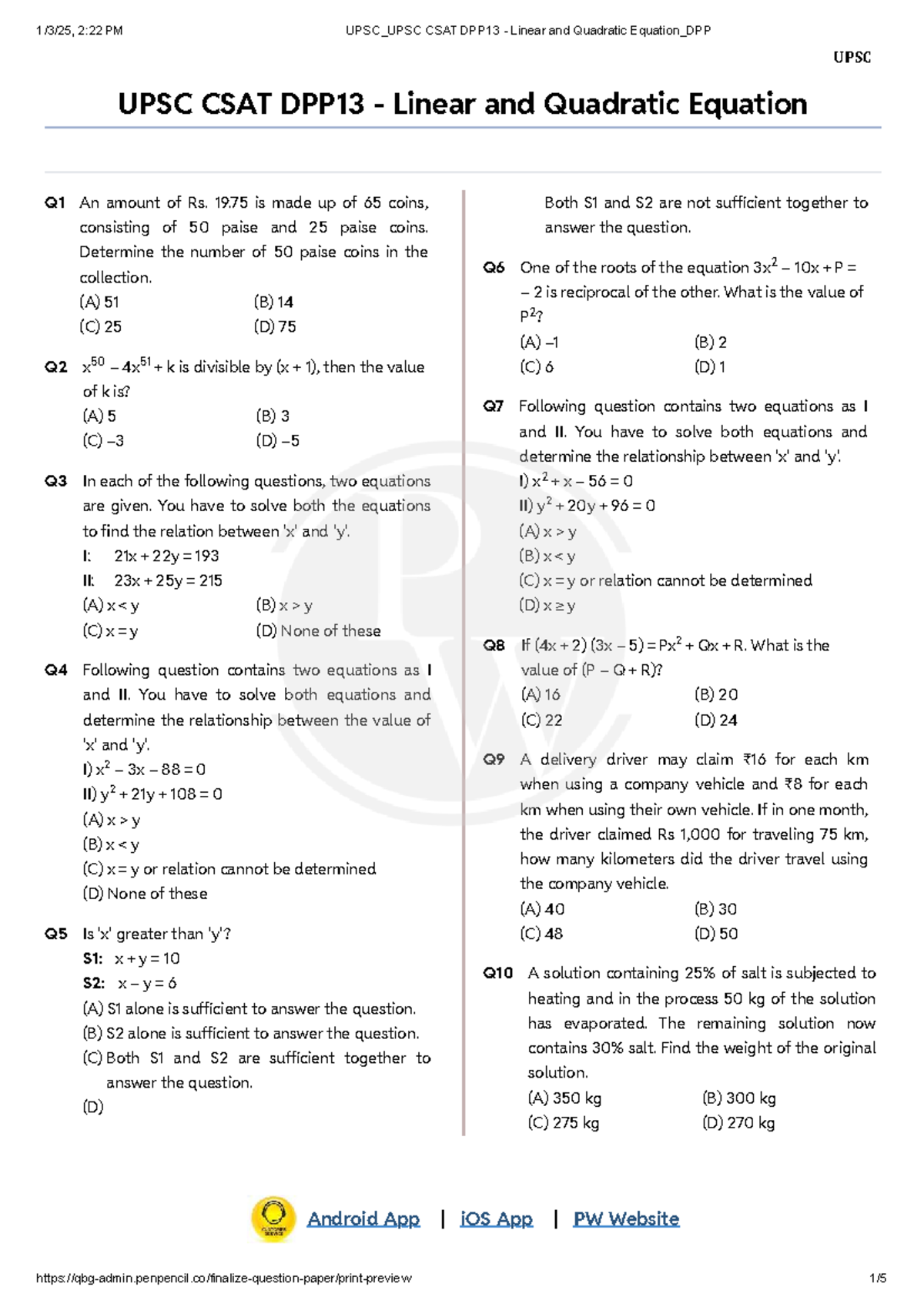 UPSC_CSAT DPP13 Linear & Quadratic Equations Solutions - Studocu