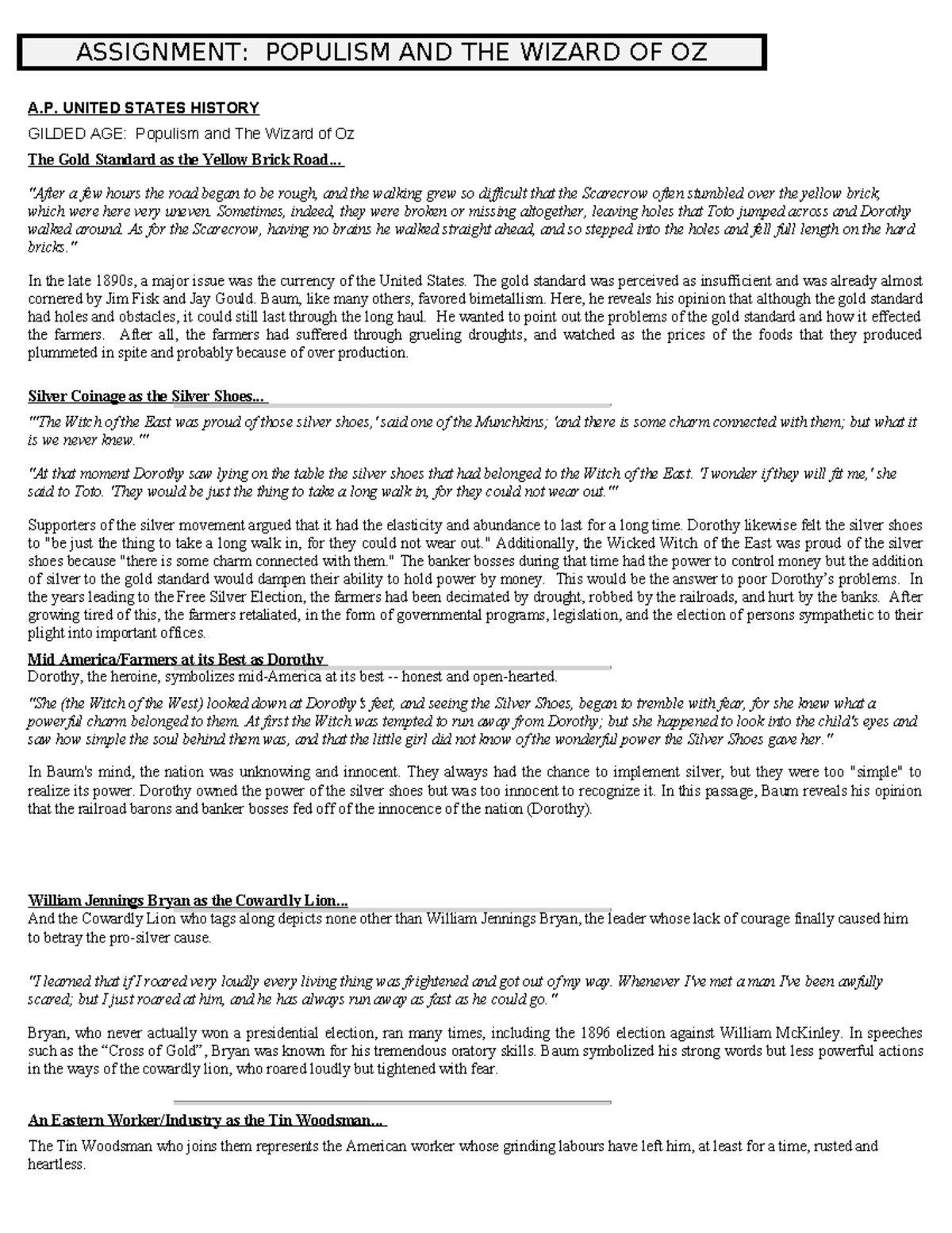 Gilded Age Populism and The Wizard of Oz: A.P. U.S. History Analysis ...