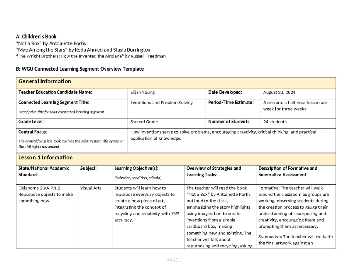 Task 2 - Learning Segment Overview - A: Children’s Book “Not a Box” by Antoinette Portis “Mae ...