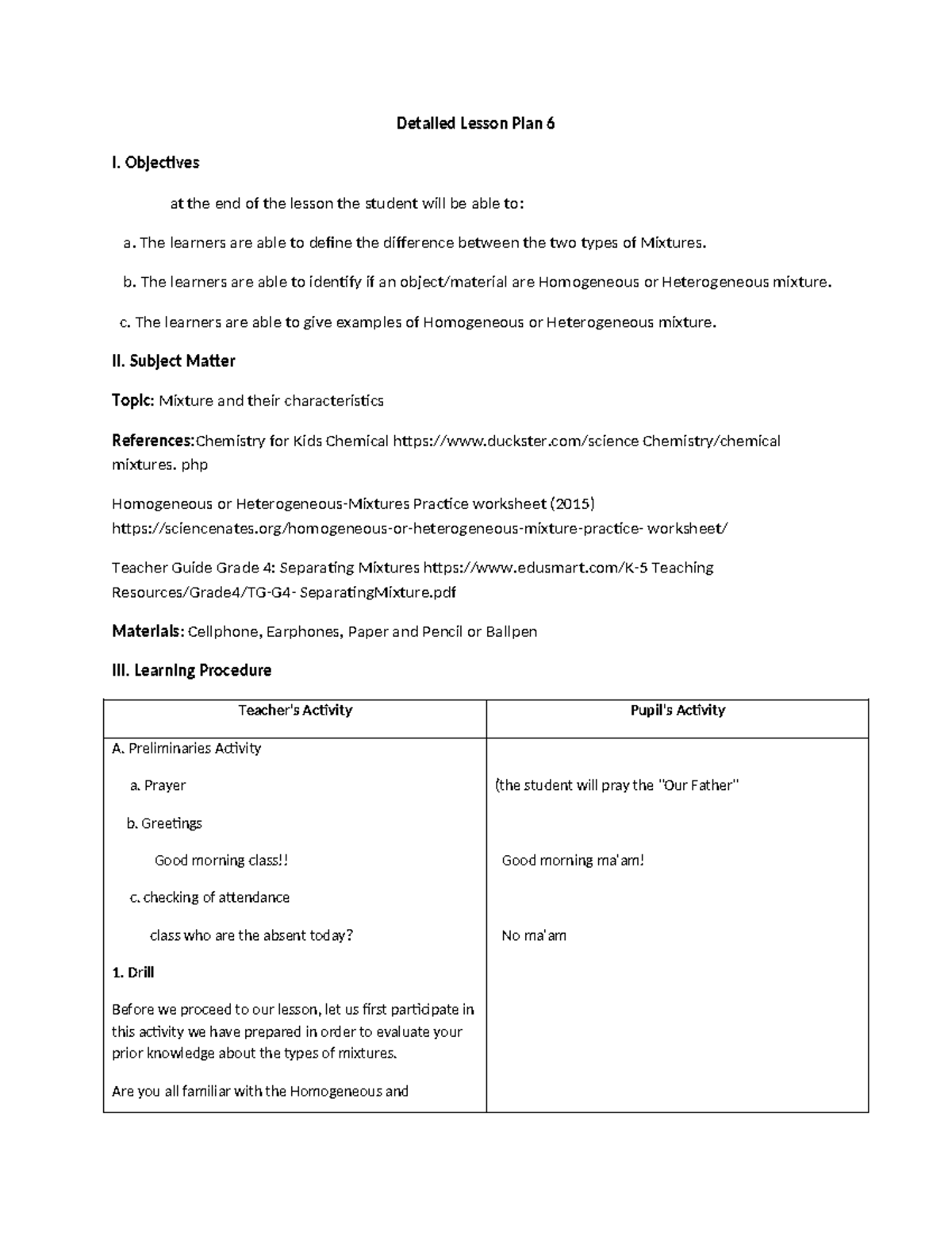 Chemistry G6: Detailed Lesson Plan on Mixtures and Their Types - Studocu