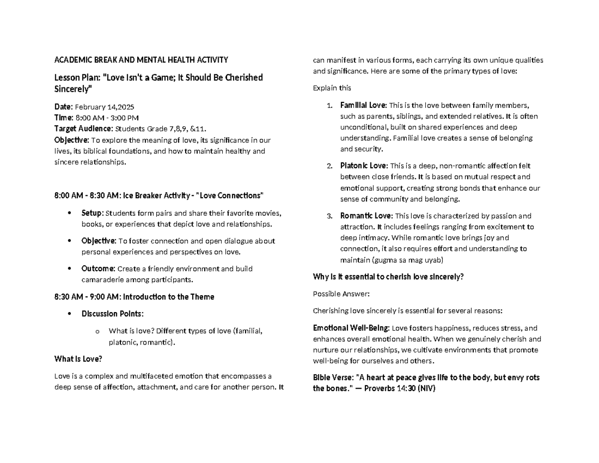 Lesson Plan For 3rd quarter Academic Break - ACADEMIC BREAK AND MENTAL ...
