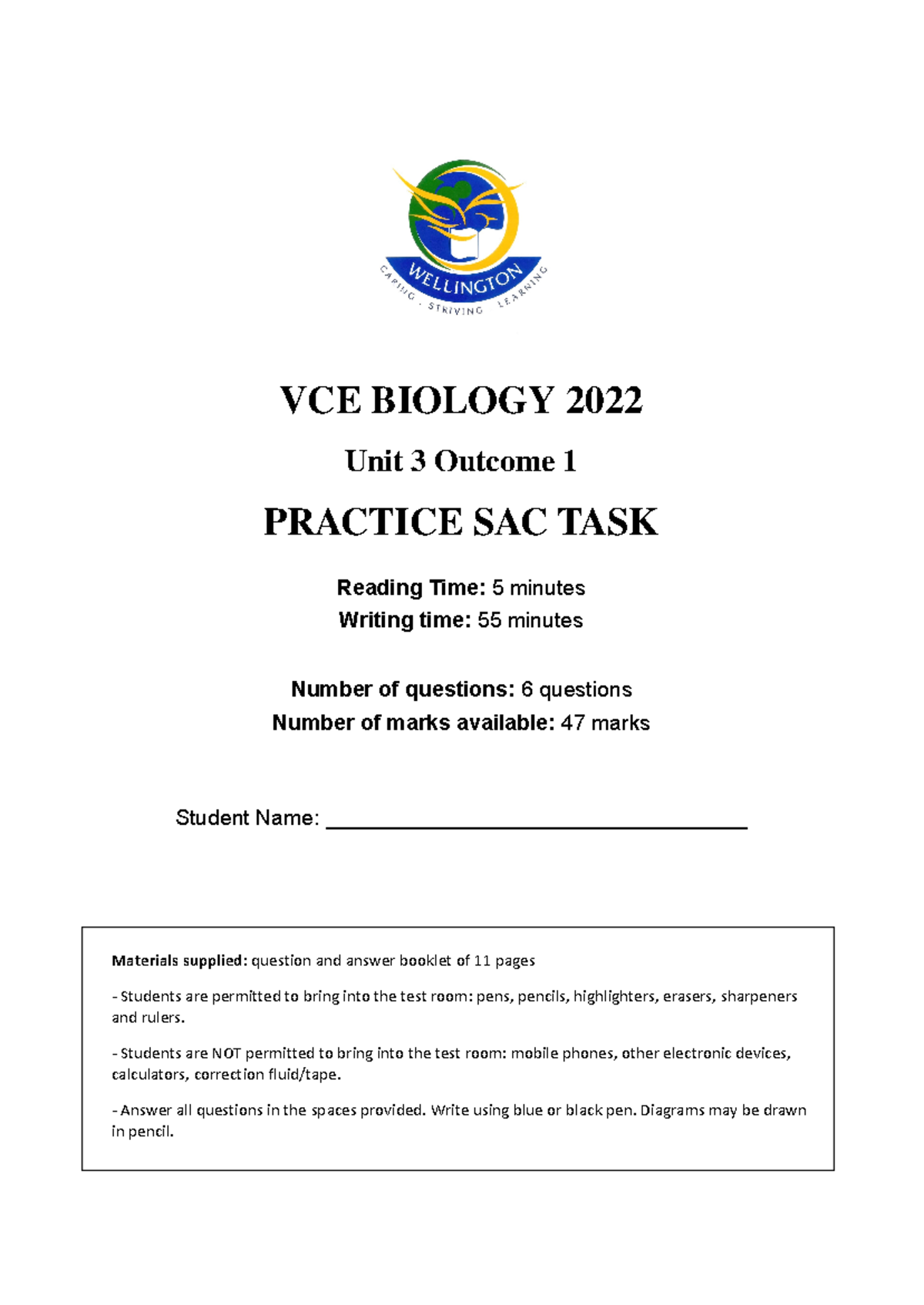 VCE BIOLOGY 2022 Unit 3 Outcome 1 PRACTICE SAC TASK Guide - Studocu