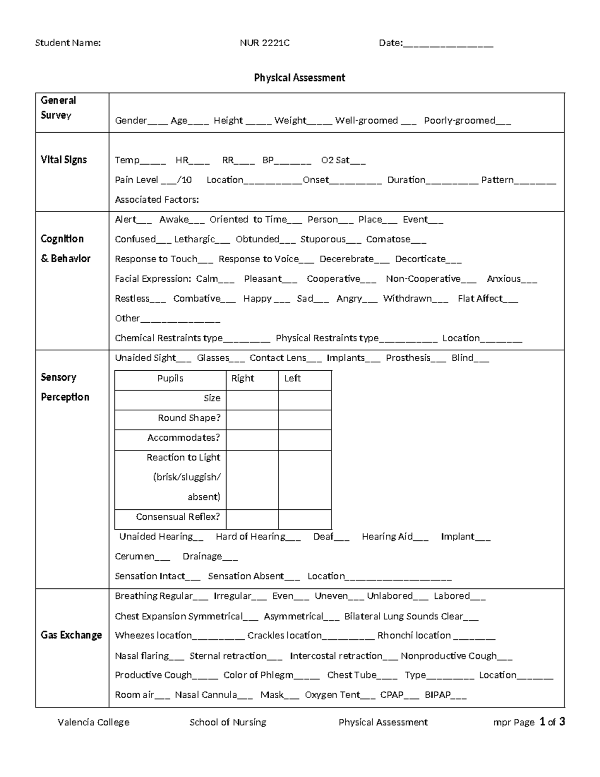 Physical Assessment Form for NUR 2221C Students - Studocu