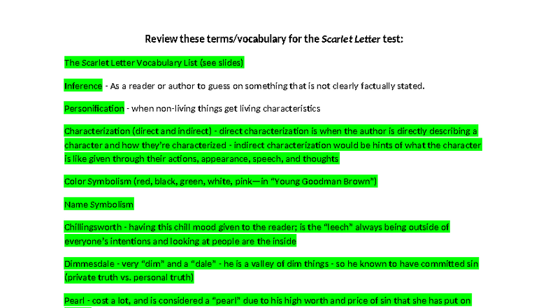 ENG 201: Scarlet Letter Test Review Sheet and Vocabulary Guide - Studocu