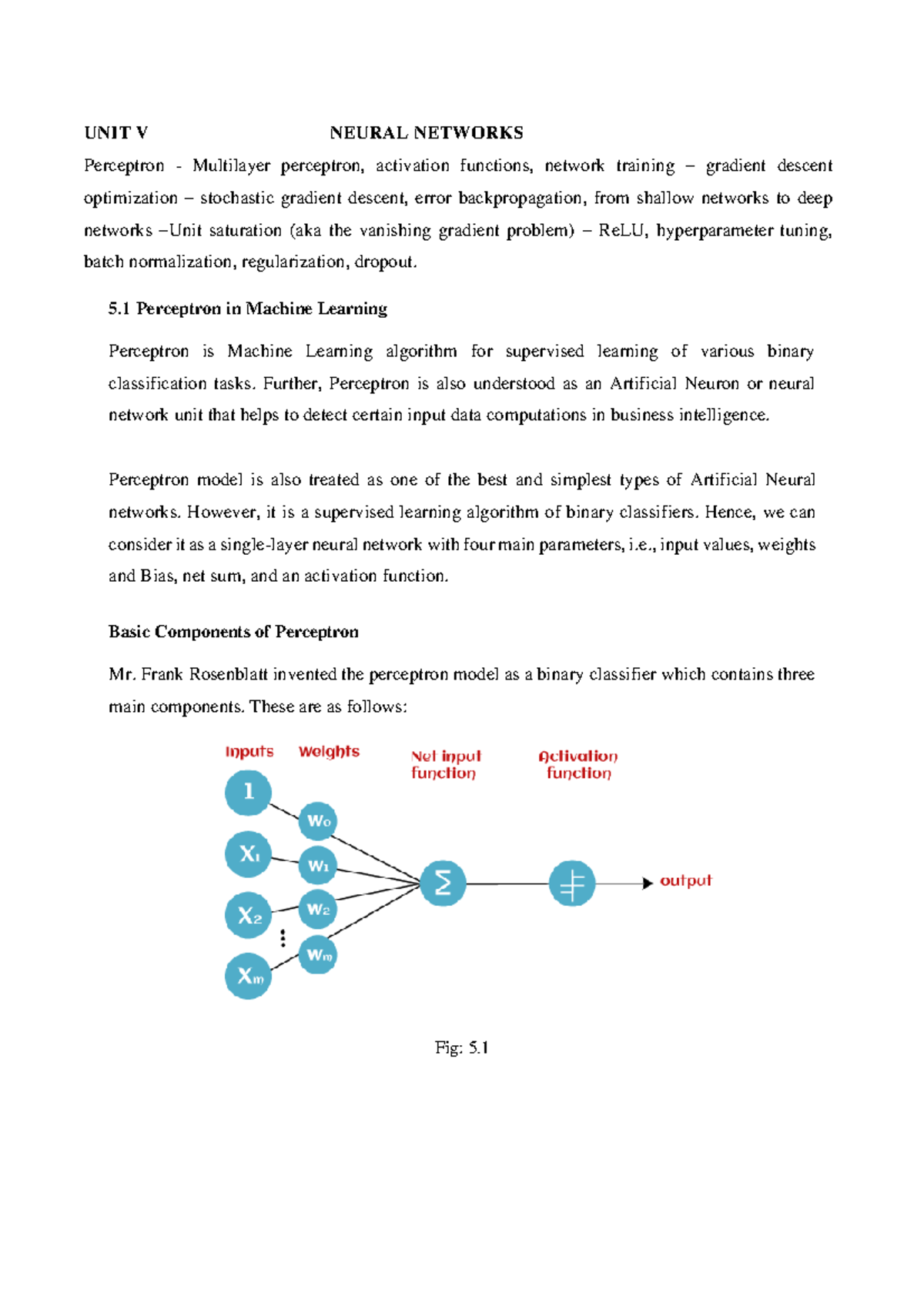 Unit V Neural Networks: Perceptron & Multilayer Perceptron Concepts ...