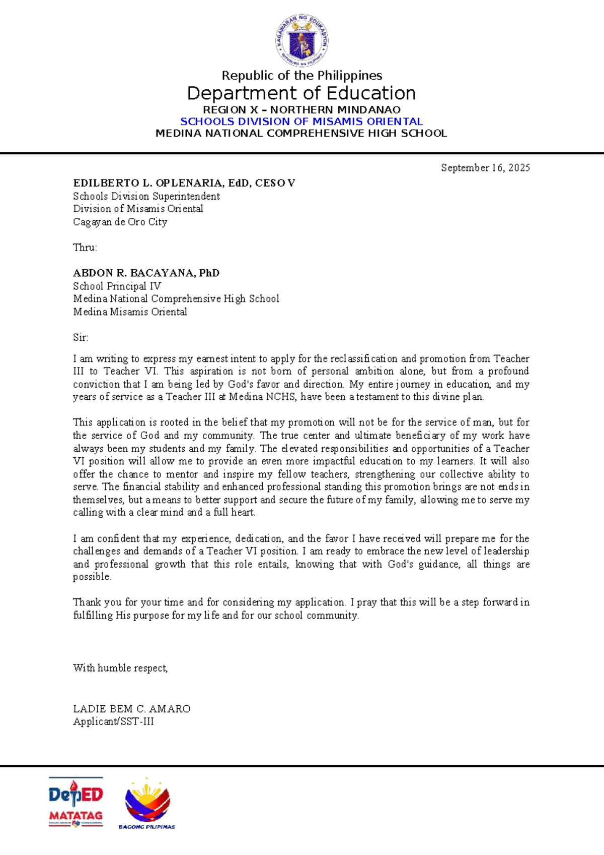Letter of Intent for Teacher VI Promotion Application - T5 - Studocu