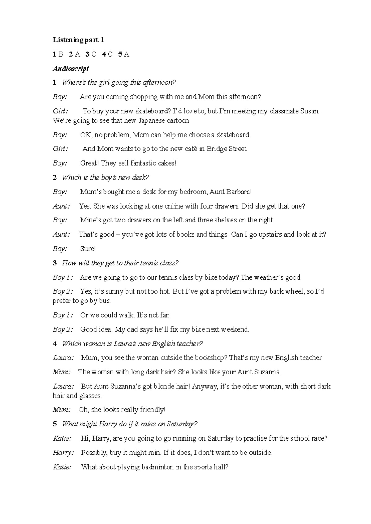 KET 1 Listening Test 1 Audioscript and Answers - Studocu