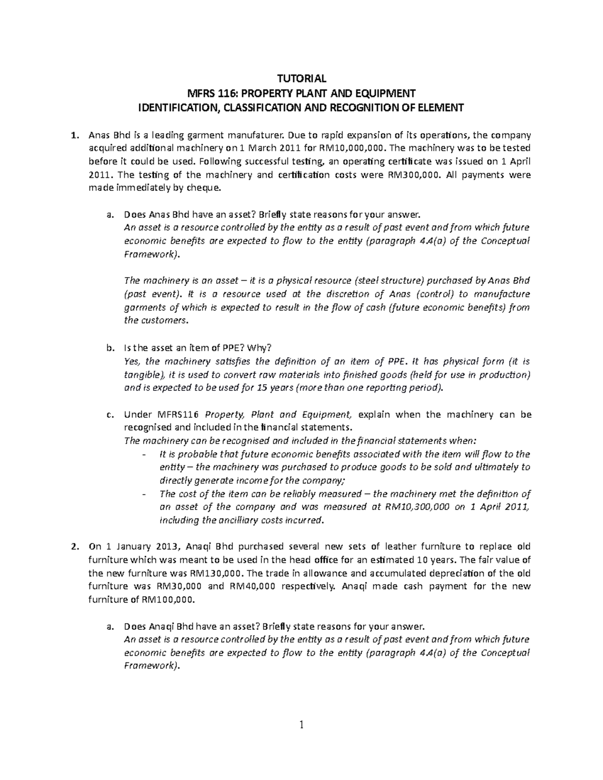 1 MFRS 116 PPE S - exercise chapter 1 - TUTORIAL MFRS 116: PROPERTY ...