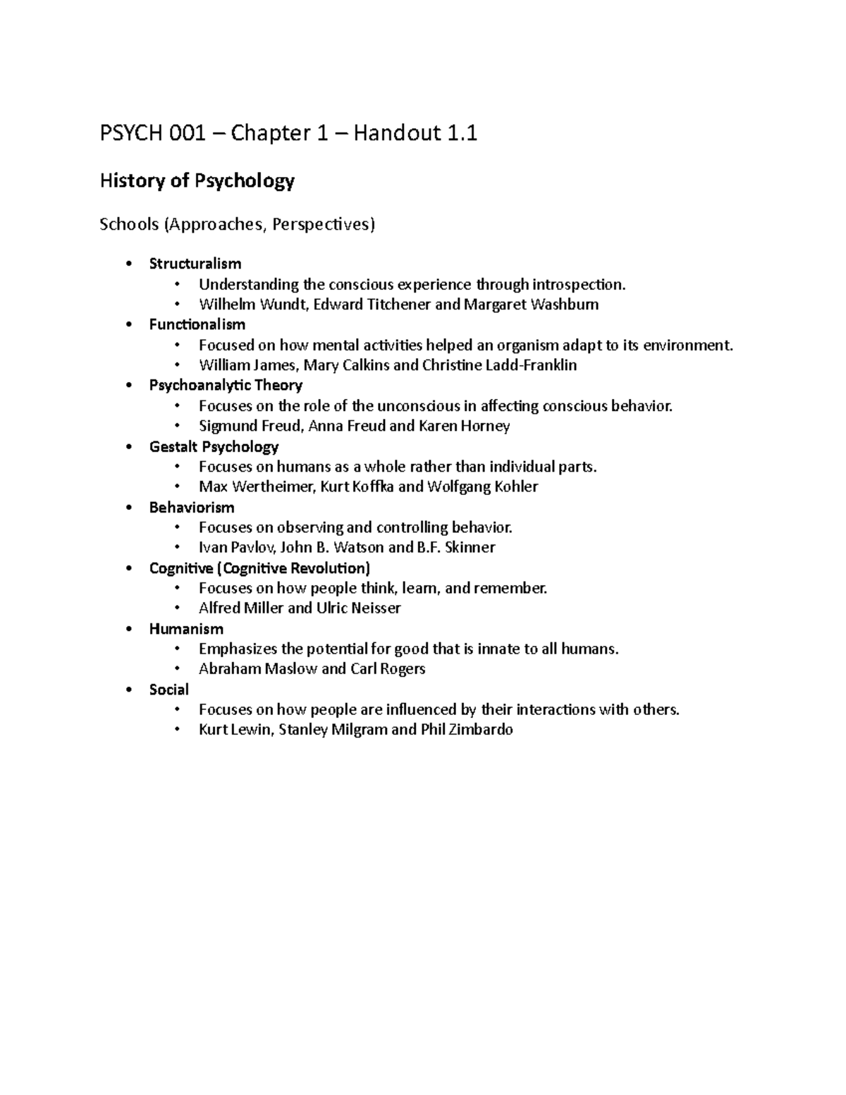 PSYCH 001 Chapter 1 Handout: History of Psychology Schools - Studocu