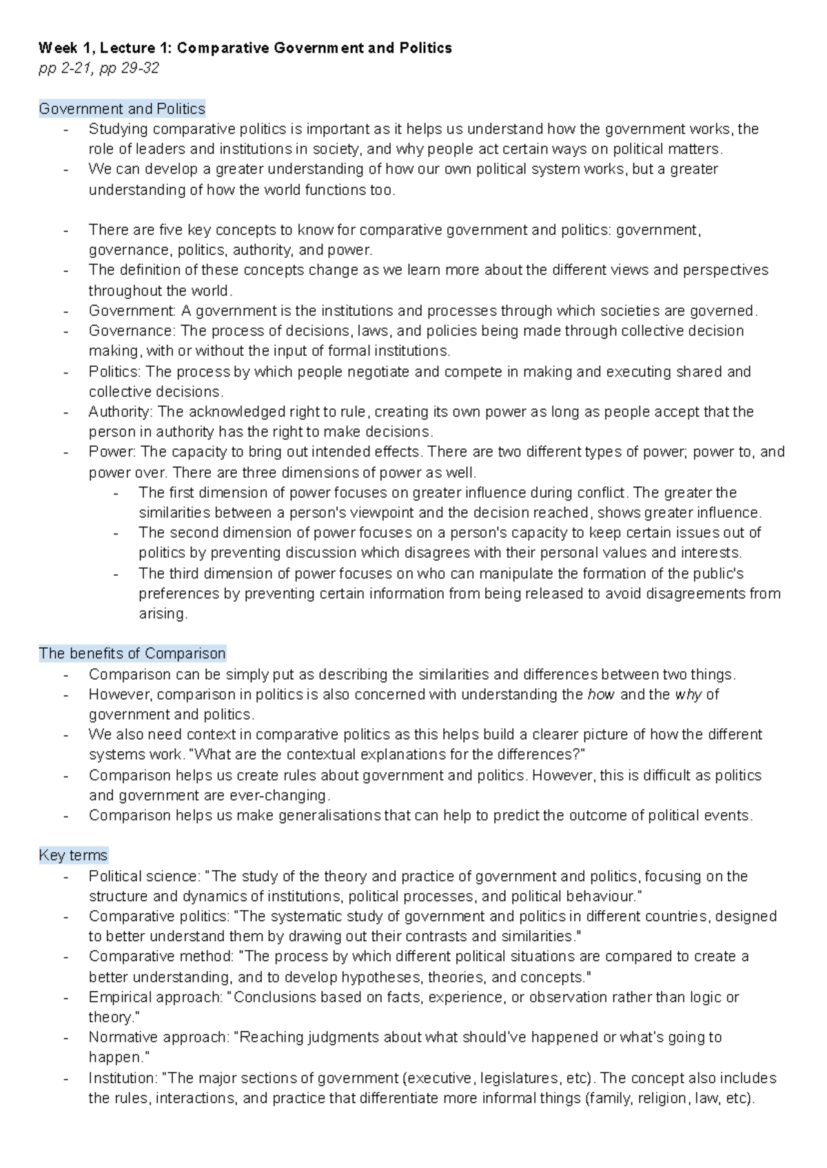 POLS114: Comparative Government & Politics Readings (Weeks 1-6) - Studocu