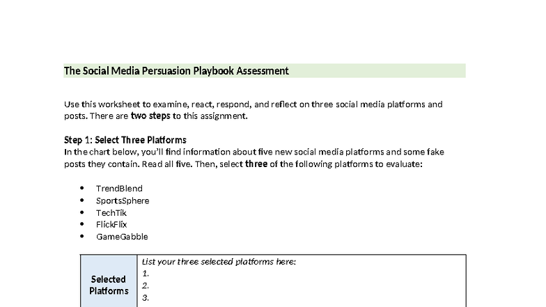 Social Media Persuasion Playbook Assessment (Course Code: FLVS 2024 ...