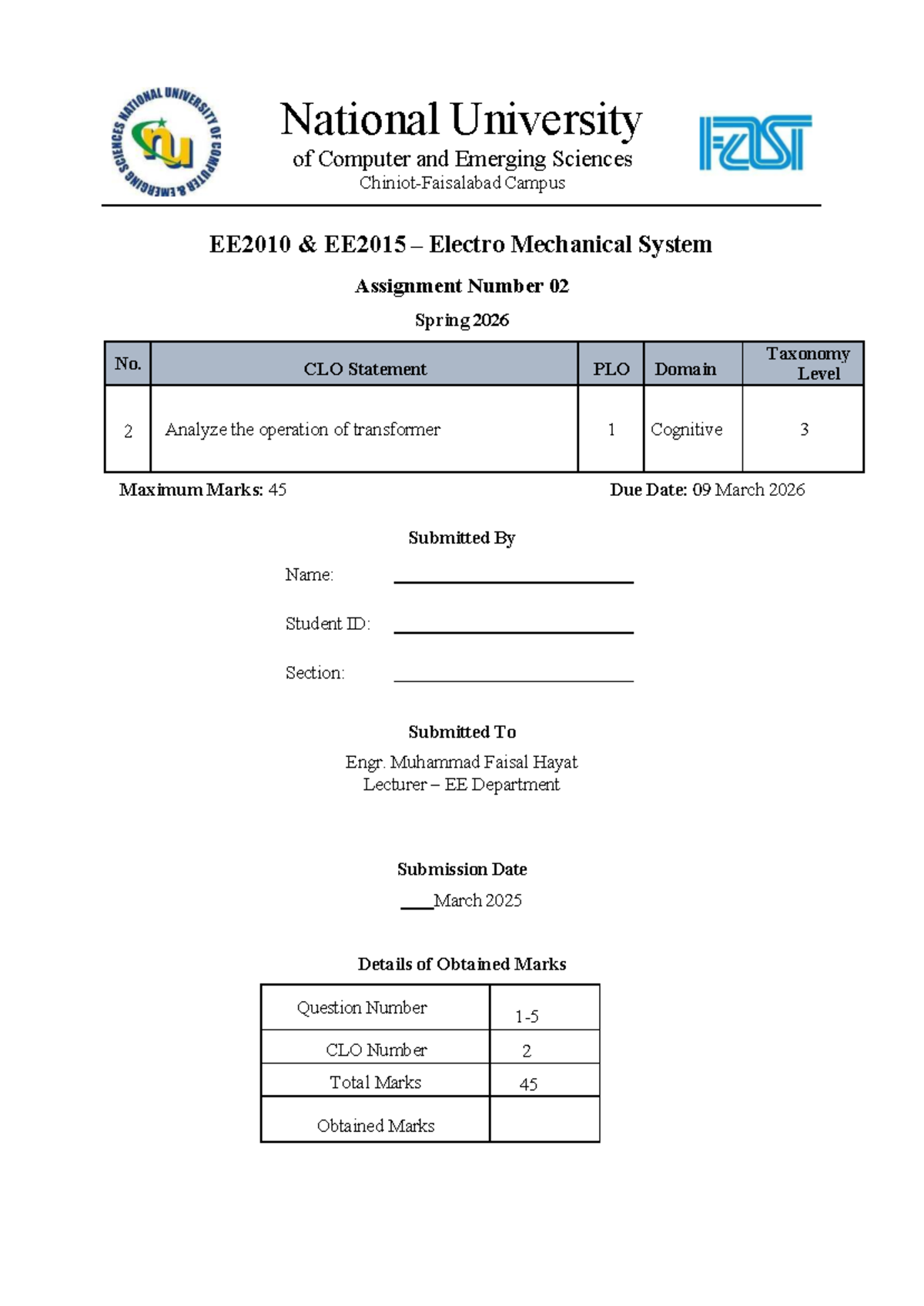 EE2010 EE2015 EMS Assignment No. 2 - Spring 2026 Analysis - Studocu