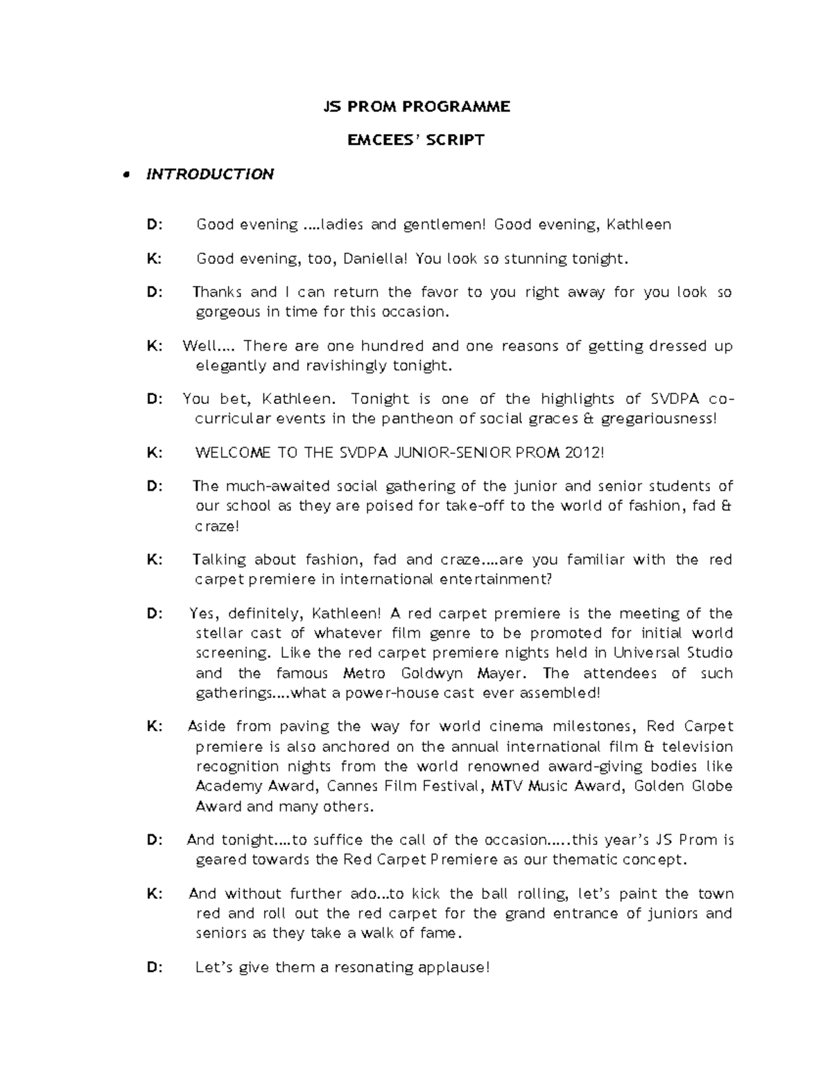 Emcee-script-js - INTRODUCTION J S PROM PROGRAMME EMCEES’ SCRIPT D ...