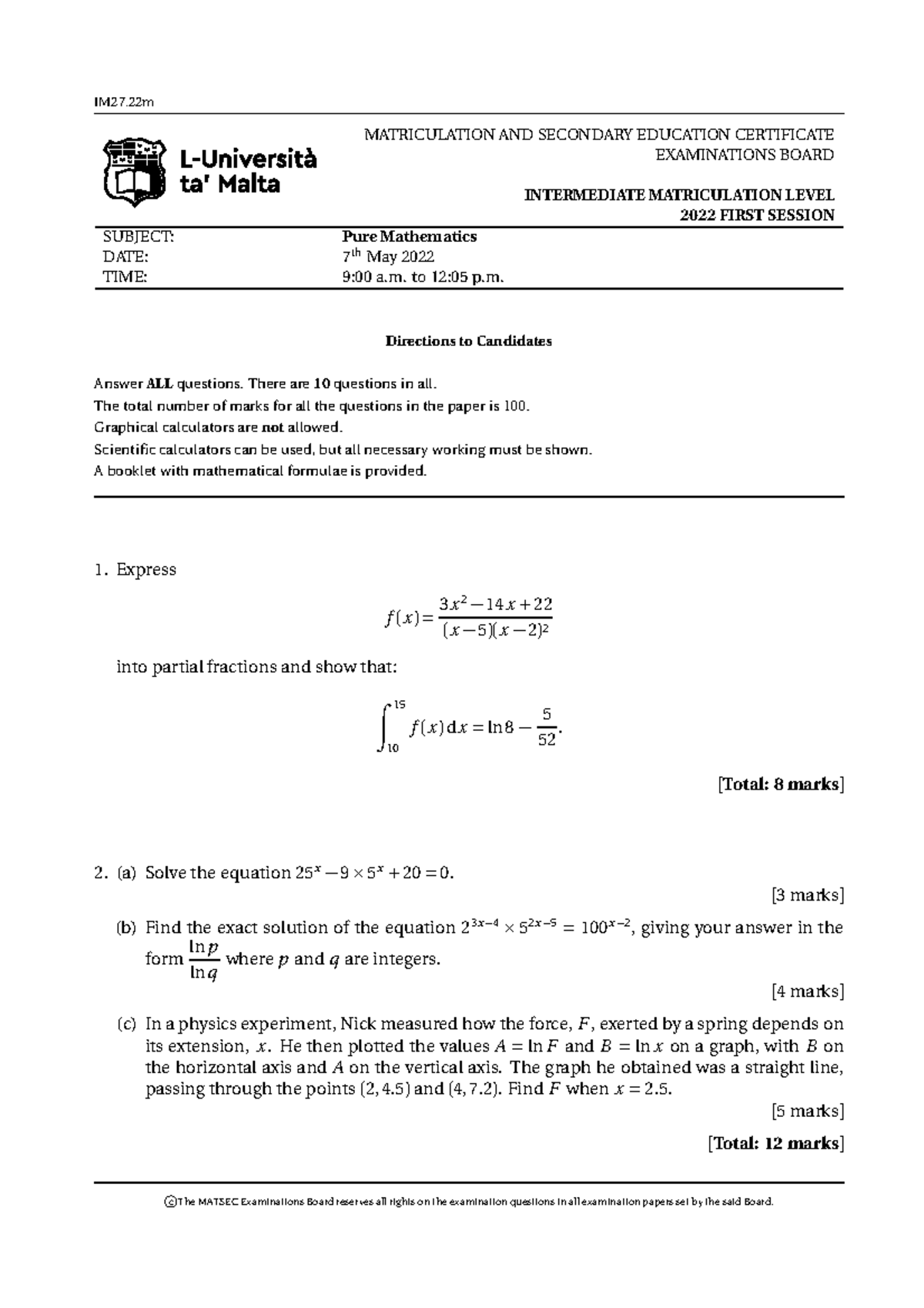 2022May - Past paper practice - MATRICULATION AND SECONDARY EDUCATION ...