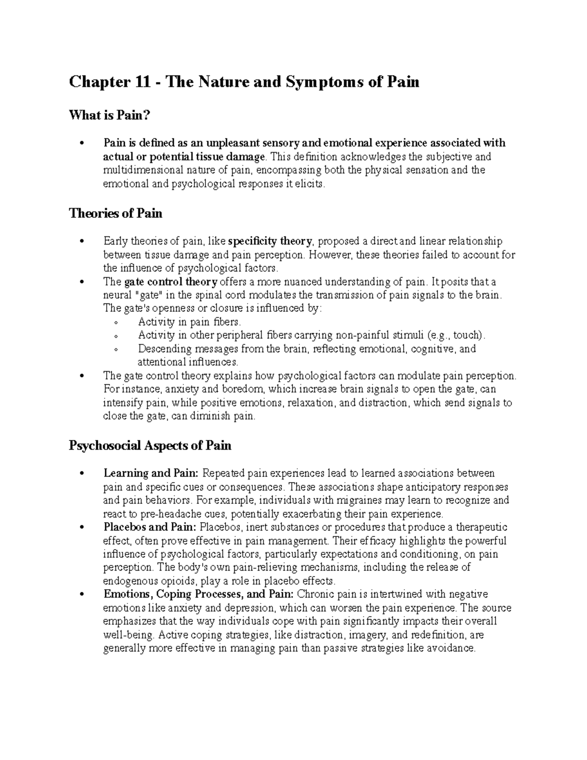 Exam 3 Review Notes: Chapter 11 - The Nature and Symptoms of Pain - Studocu