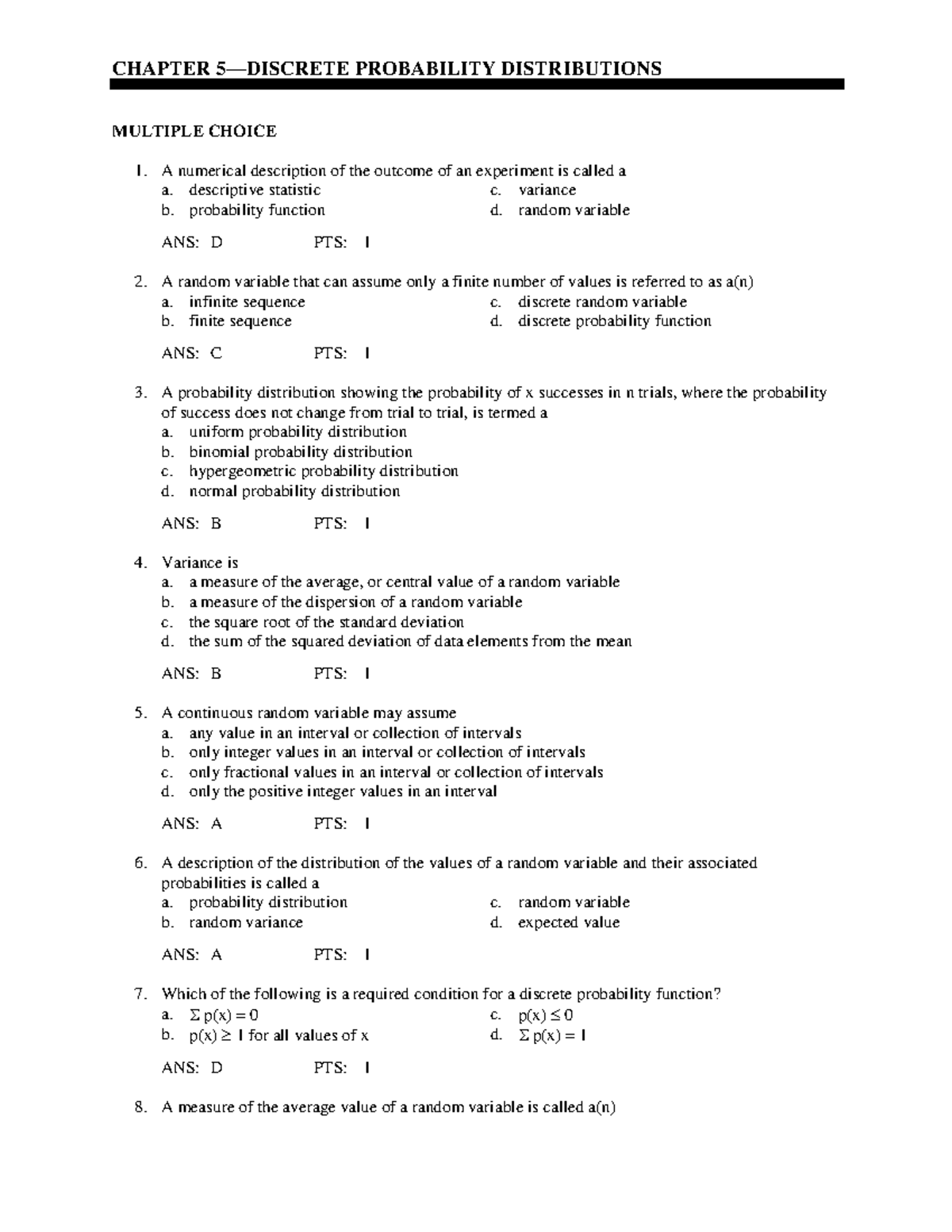 CH 5 MC - Multiple Choice Questions on Probability Distributions - Studocu