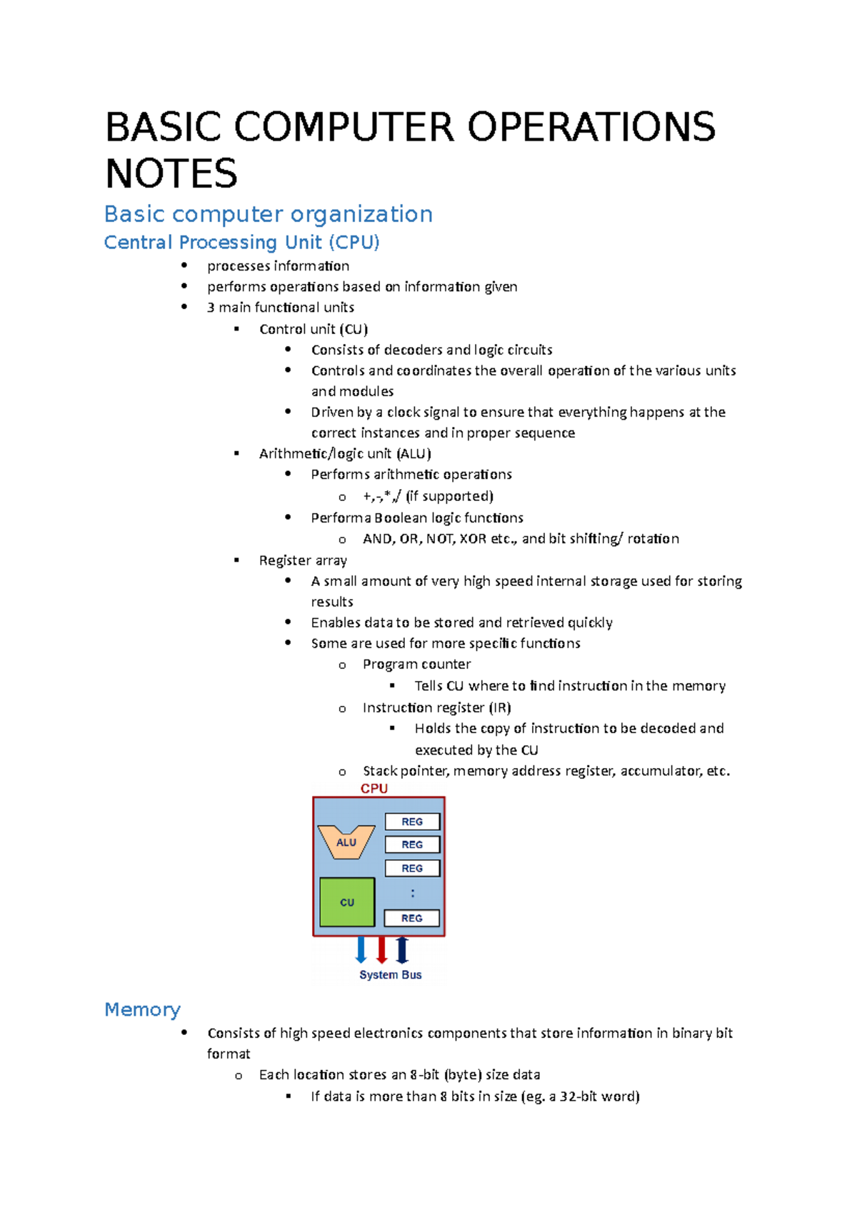 Basic Computer Operations Notes - BASIC COMPUTER OPERATIONS NOTES Basic ...