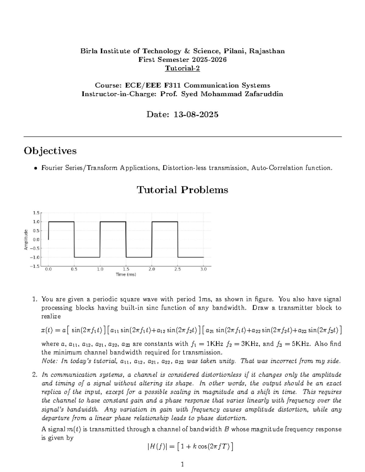Comsys F311 Tutorial 2: Signal Processing and Channel Analysis - Studocu