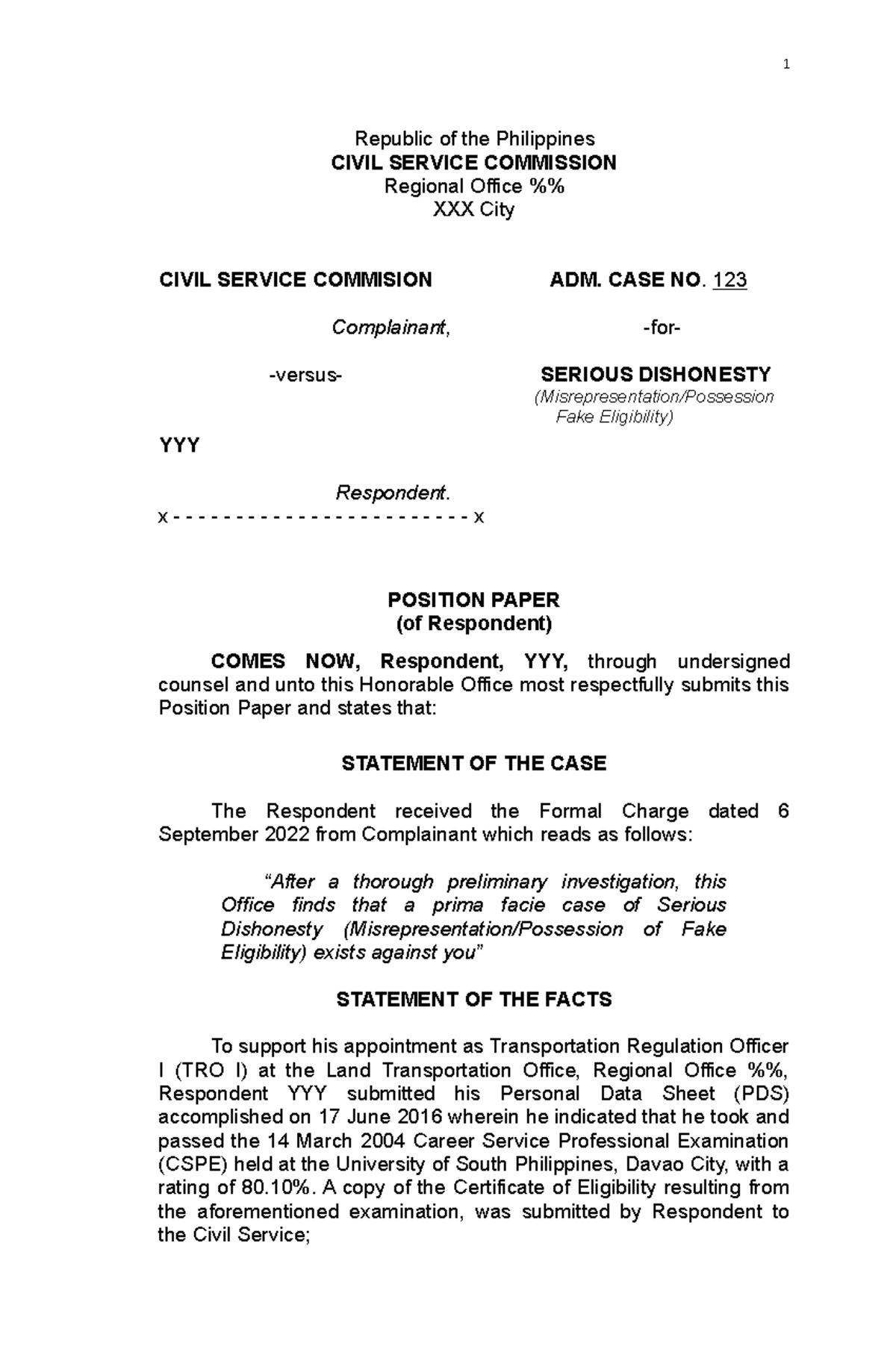 Position Paper on ADM. CASE NO. 123: Serious Dishonesty in Civil ...