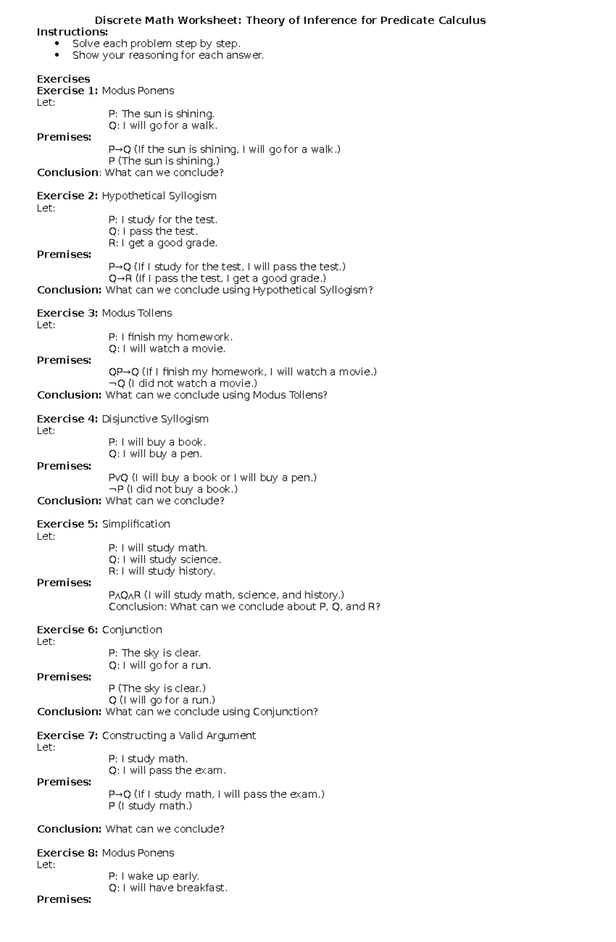 Discrete Math Worksheet - Show your reasoning for each answer ...