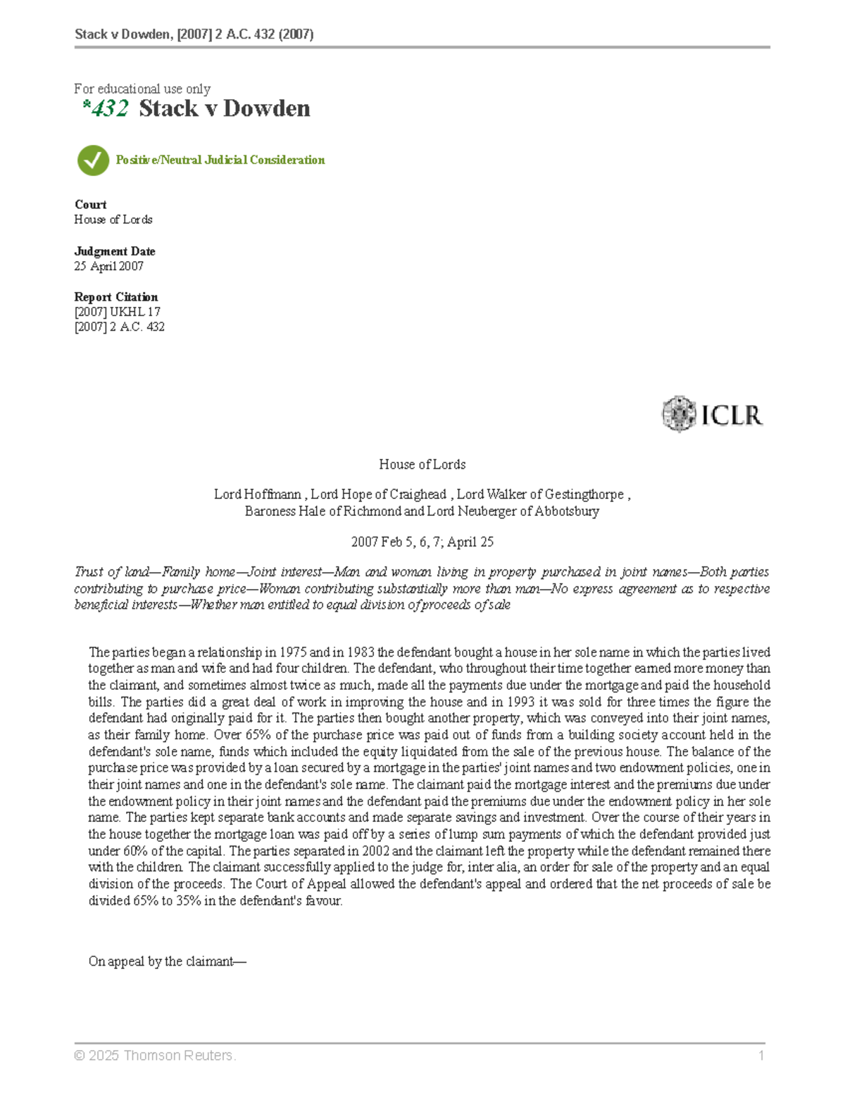 Stack v Dowden: House of Lords Judgment Analysis (2007) - Case Summary ...