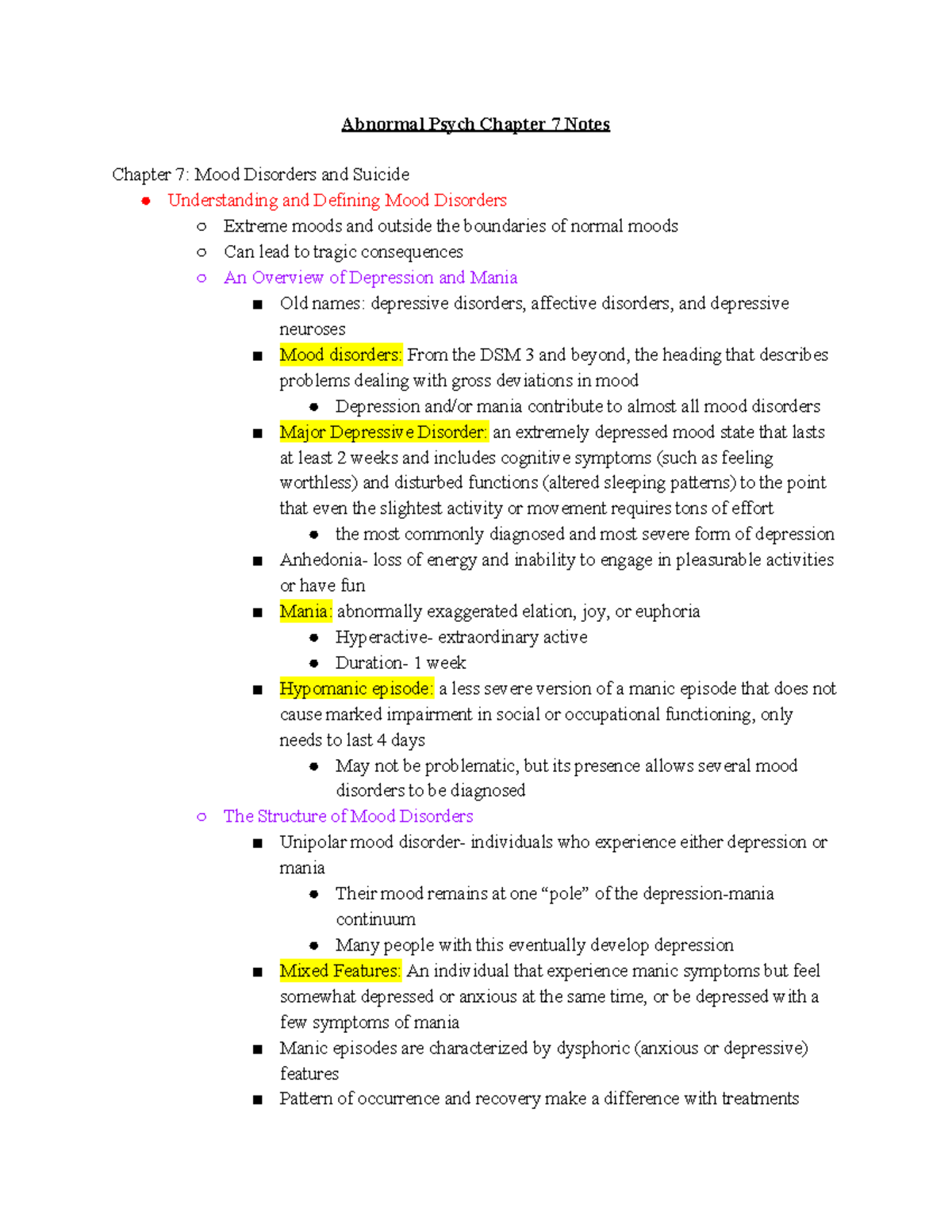 Abnormal Psych - Chapter 7: Mood Disorders & Suicide Notes - Studocu