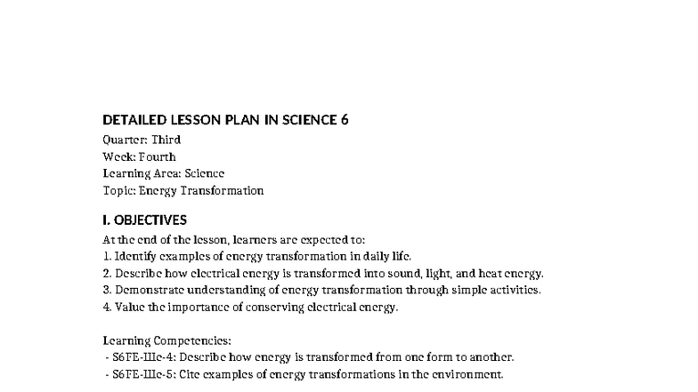 DLP Science 6 Q3: Energy Transformation Lesson Plan - Studocu