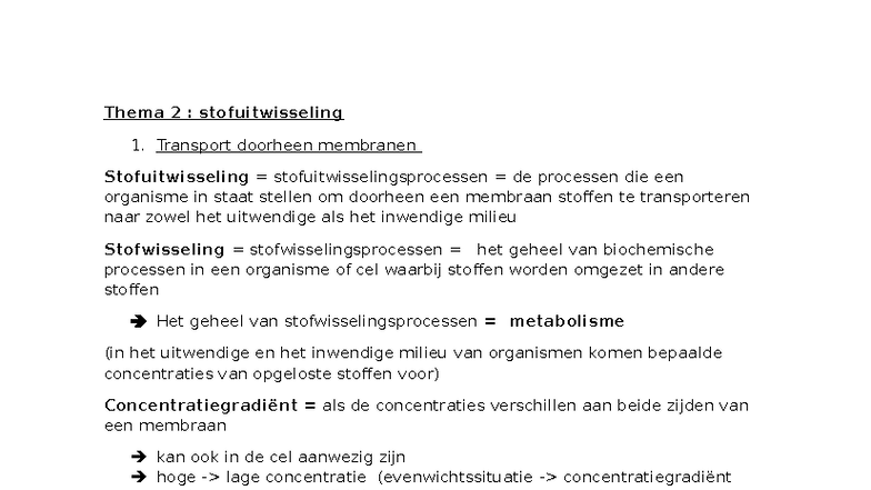 Thema 2: Stofuitwisseling en Transport door Membranen in Biologie - Studocu