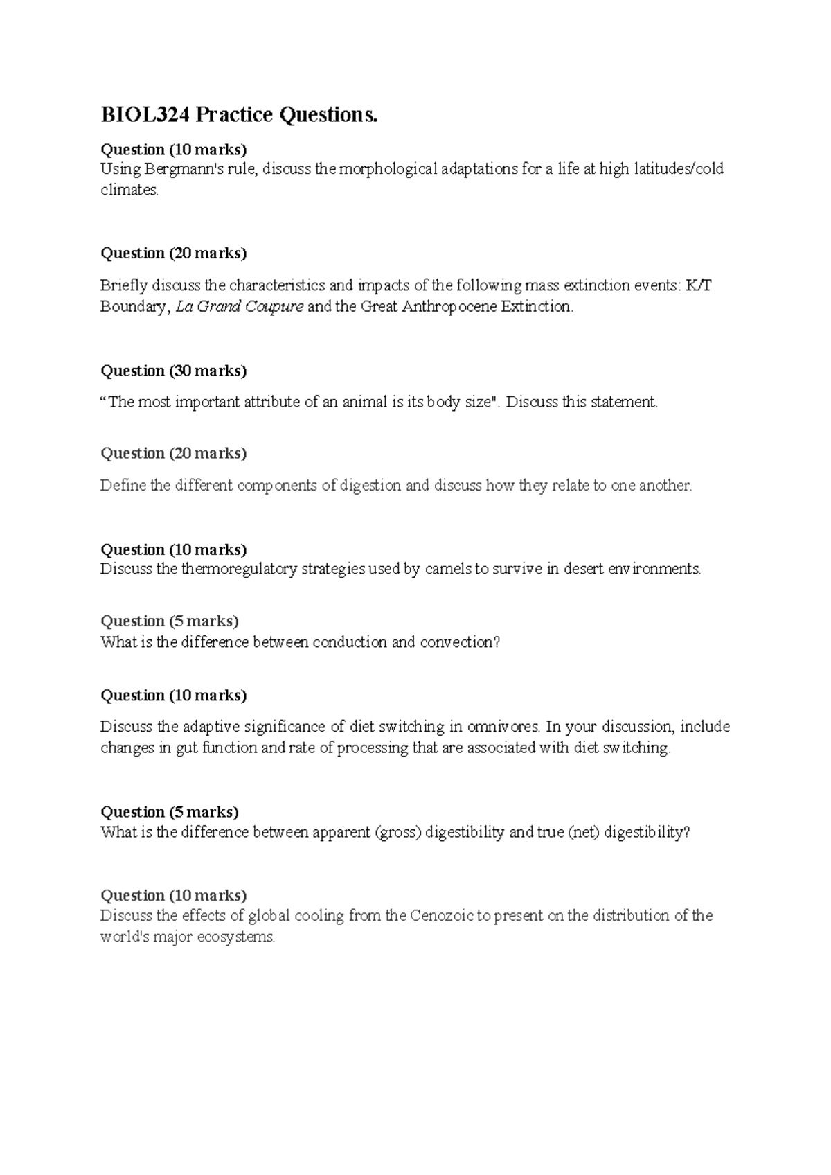 BIOL324 Practice Long Answer Questions on Morphological Adaptations ...