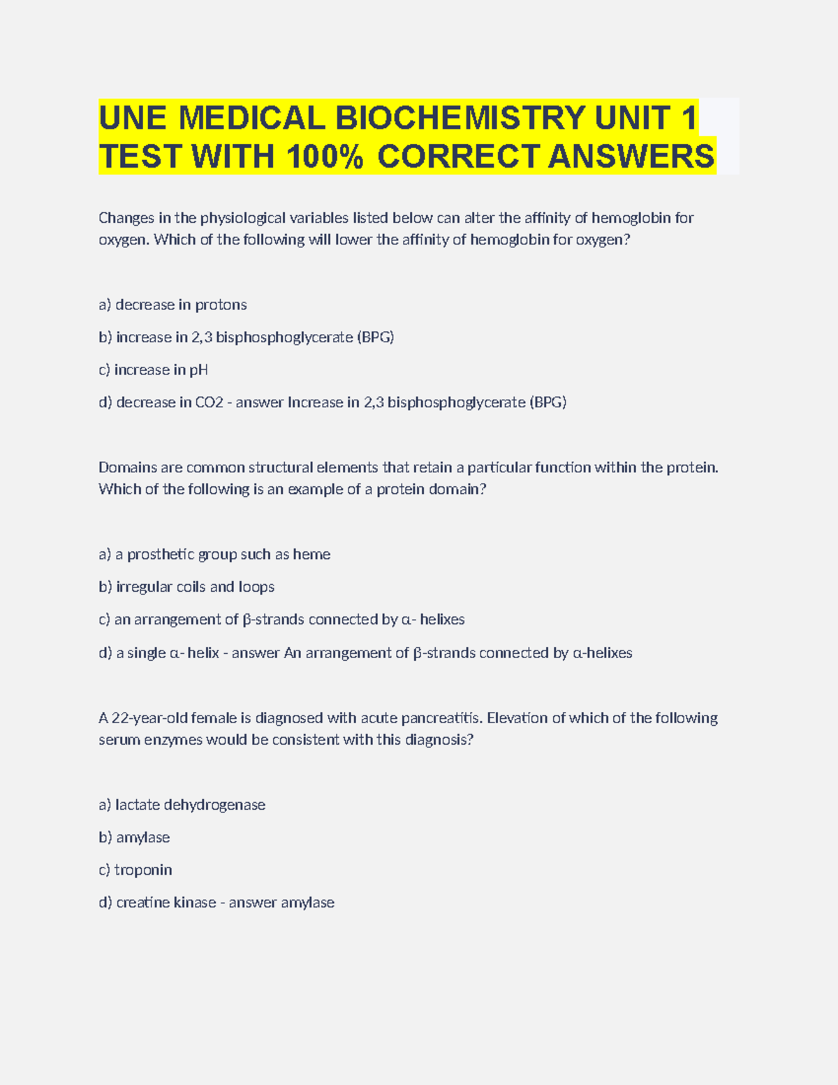 UNE Medical Biochemistry UNIT 1 Test: 100% Correct Answer Key - Studocu