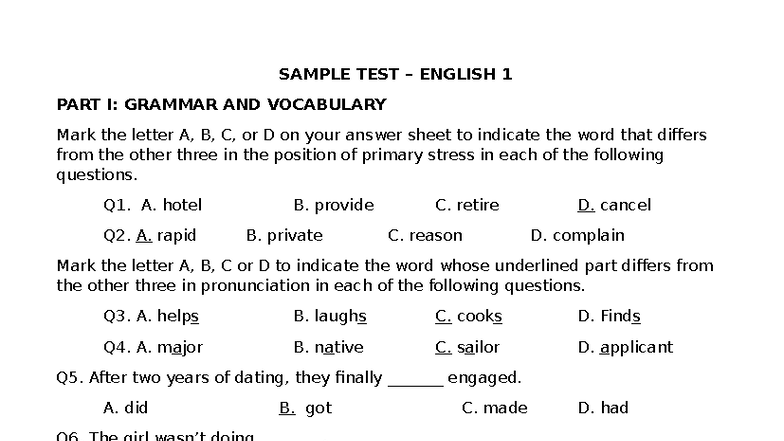 Sample Test AV1 - English Grammar & Vocabulary Final Exam 1st Year ...
