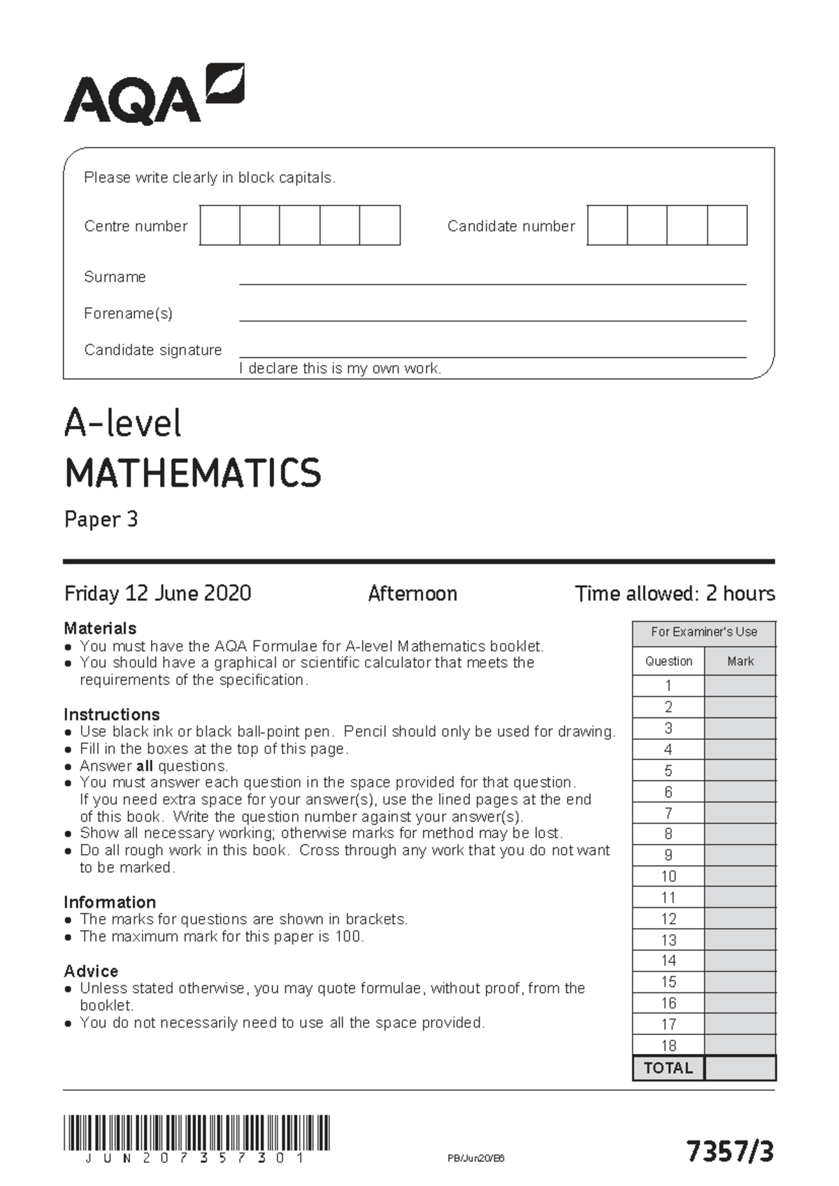 AQA MATHEMATICS Paper 3 - 2020 Topic Test Exam - Studocu